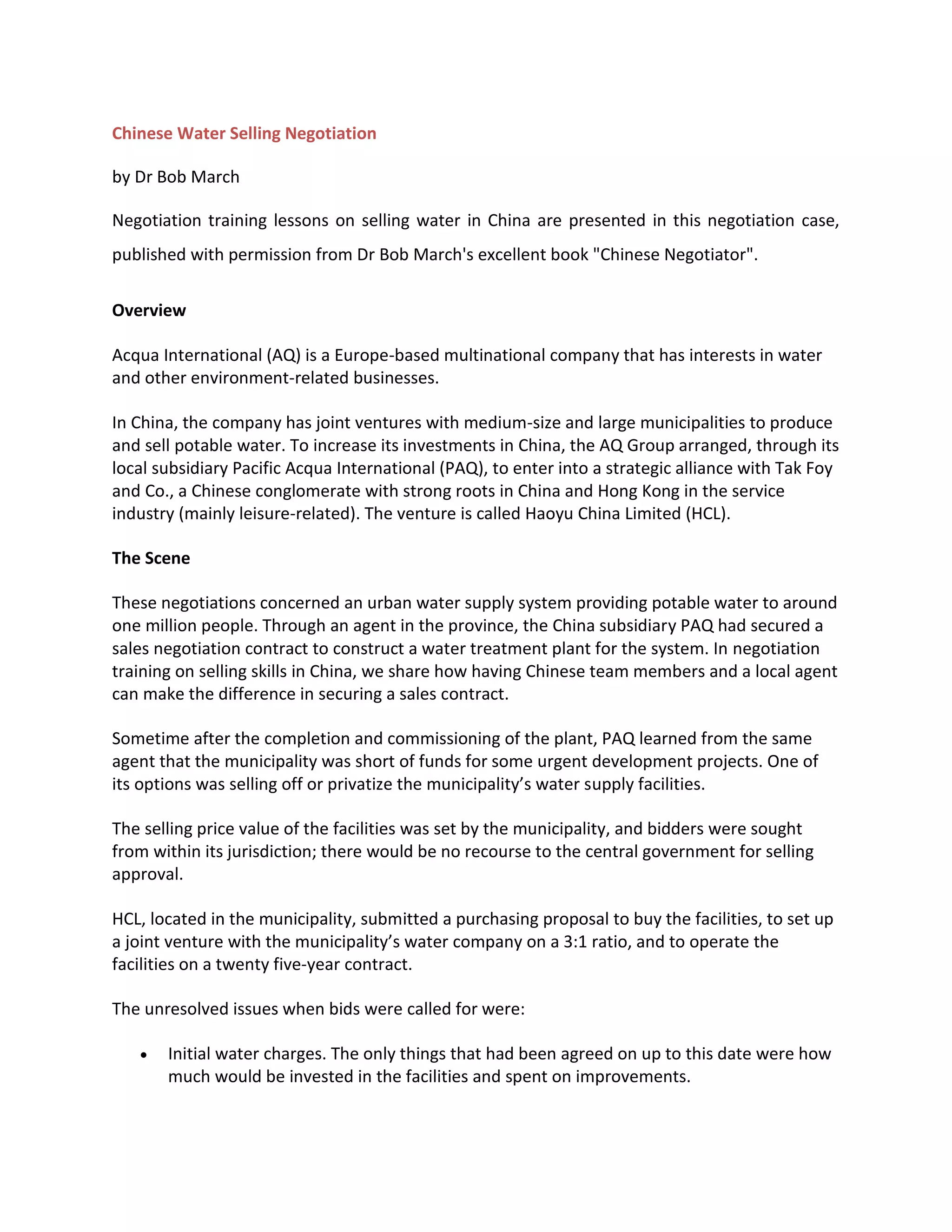 Negotiation case study - chinese water | DOCX
