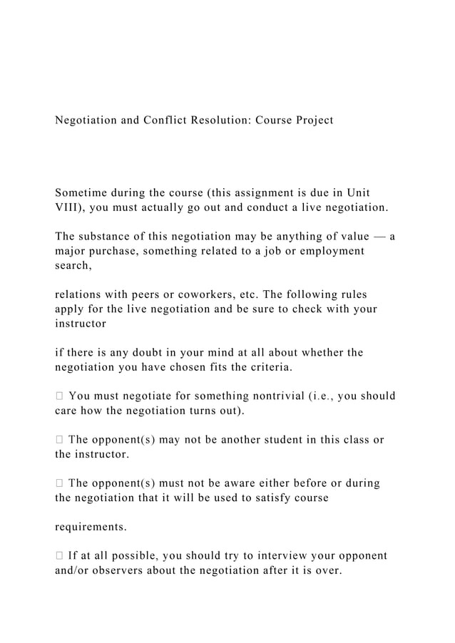 Negotiation and Conflict Resolution Course Project .docx