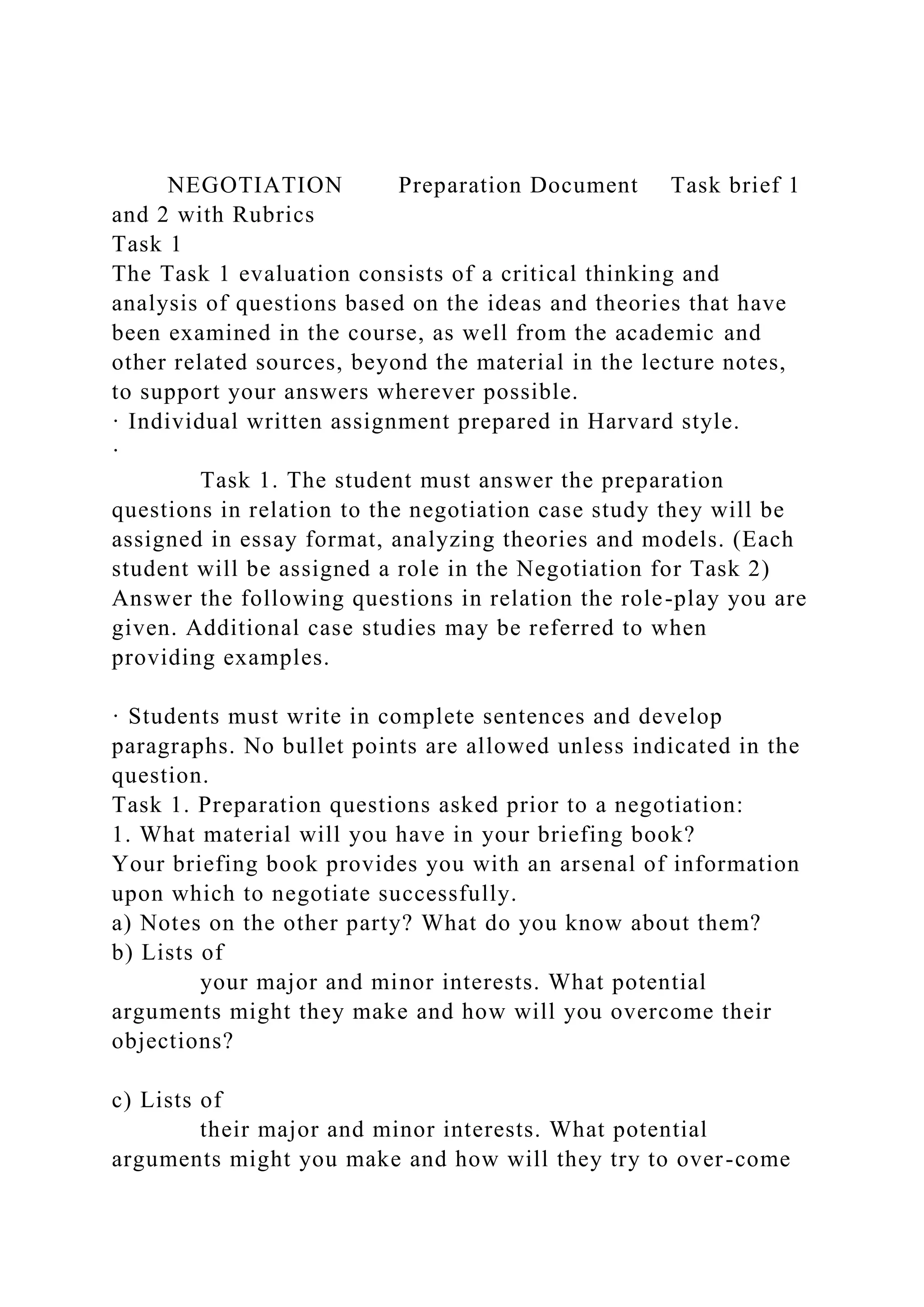 NEGOTIATION Preparation DocumentTask brief 1 and 2 with Rubrics.docx