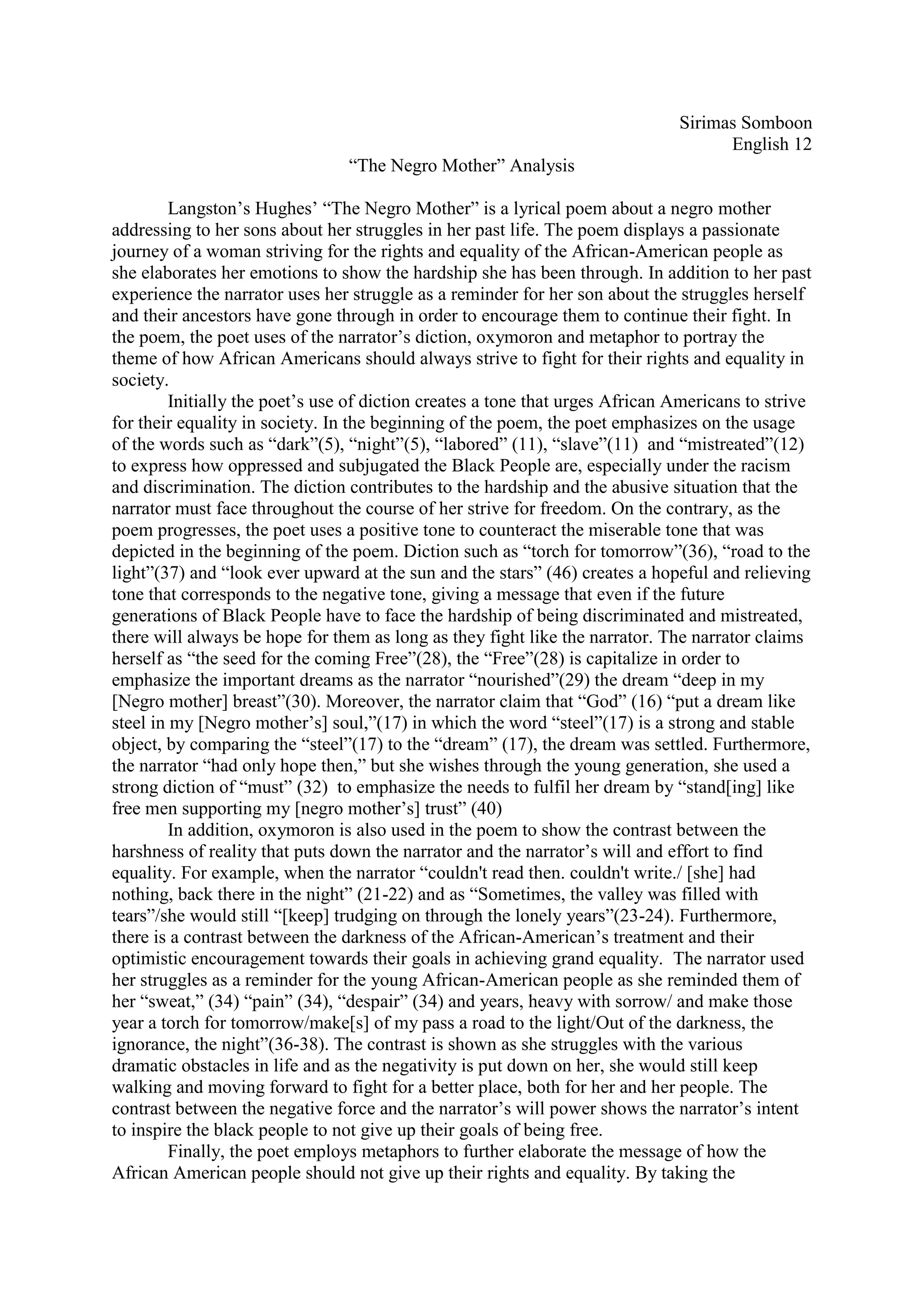 “The Negro Mother” Analysis | DOCX