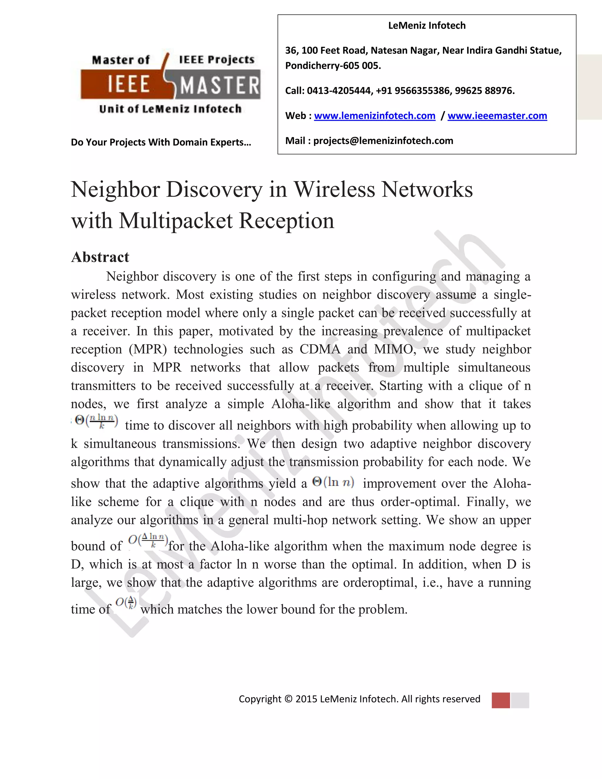 Neighbor discovery in wireless networks with multipacket reception | PDF