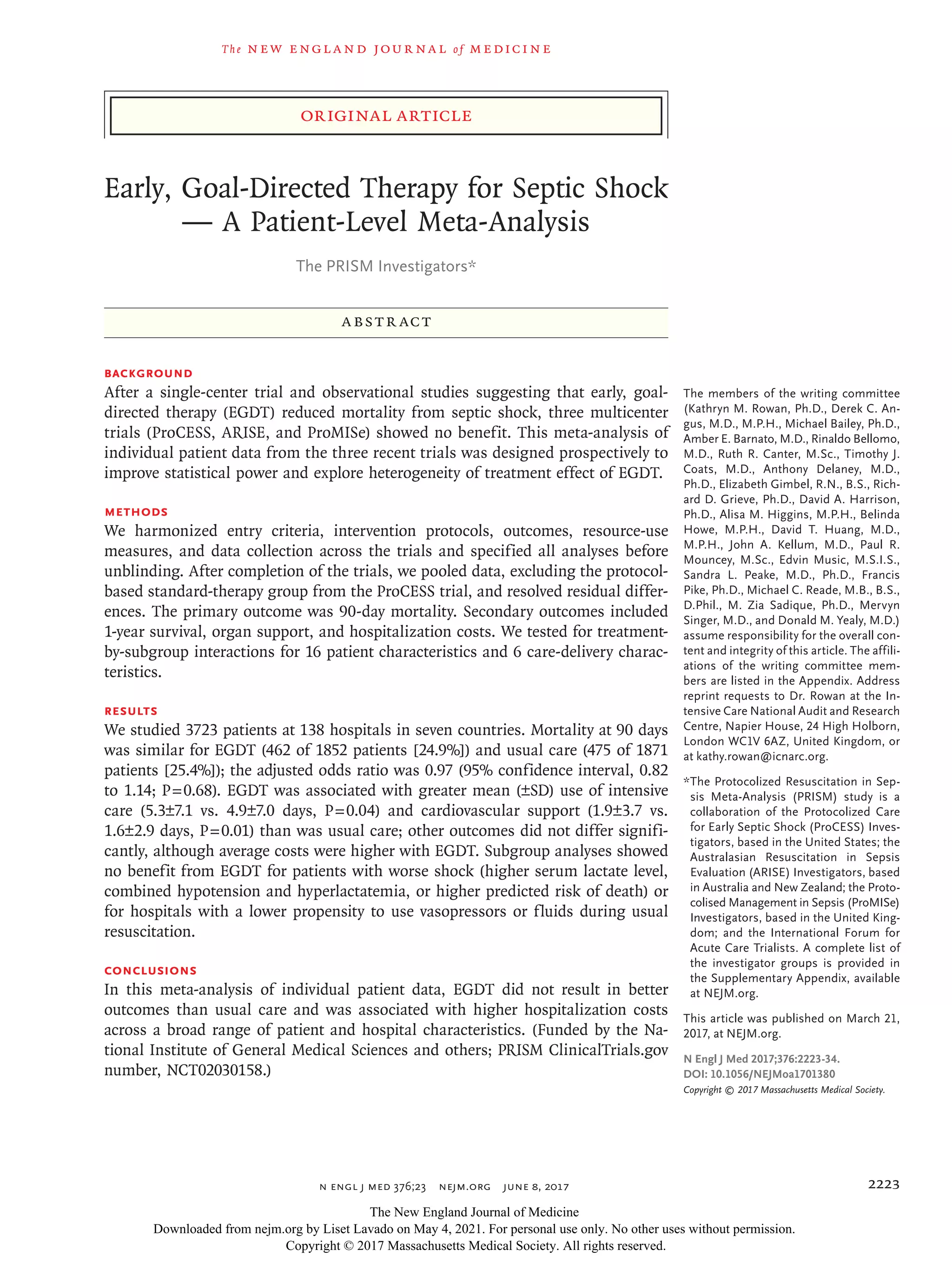 Nejm early goal shock septico 2019 | PDF
