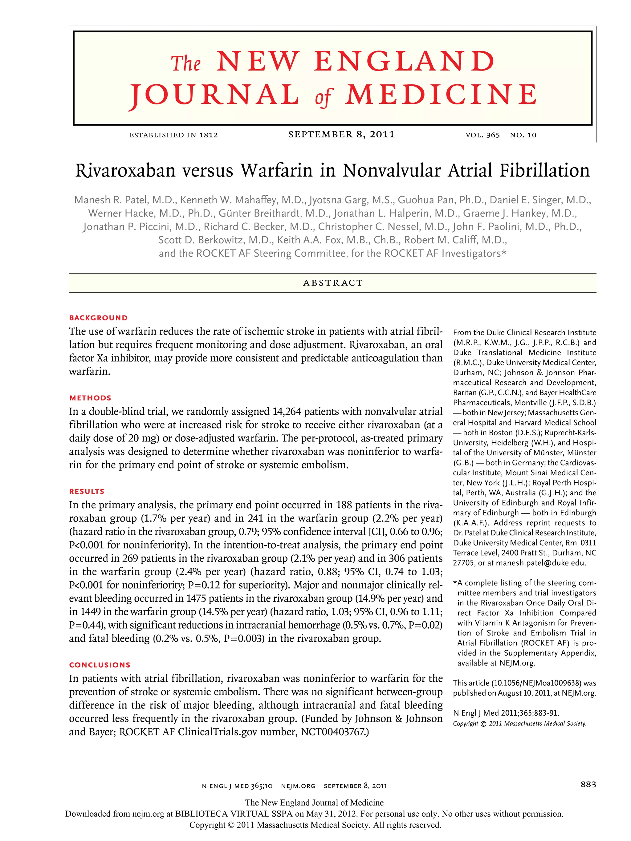 Rivaroxaban versus Warfarina en el tratamiento de la Fibrilación ...
