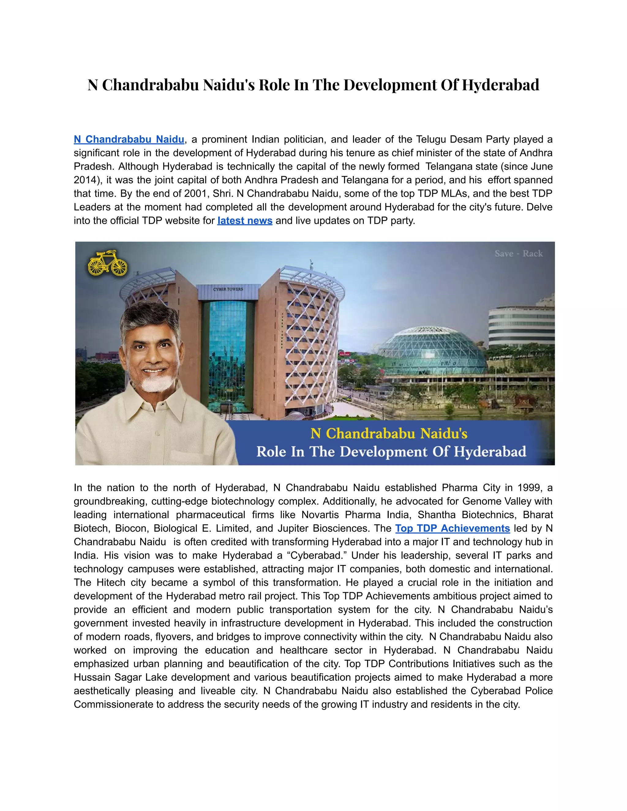 N Chandrababu Naidu's Role In The Development Of Hyderabad | PDF