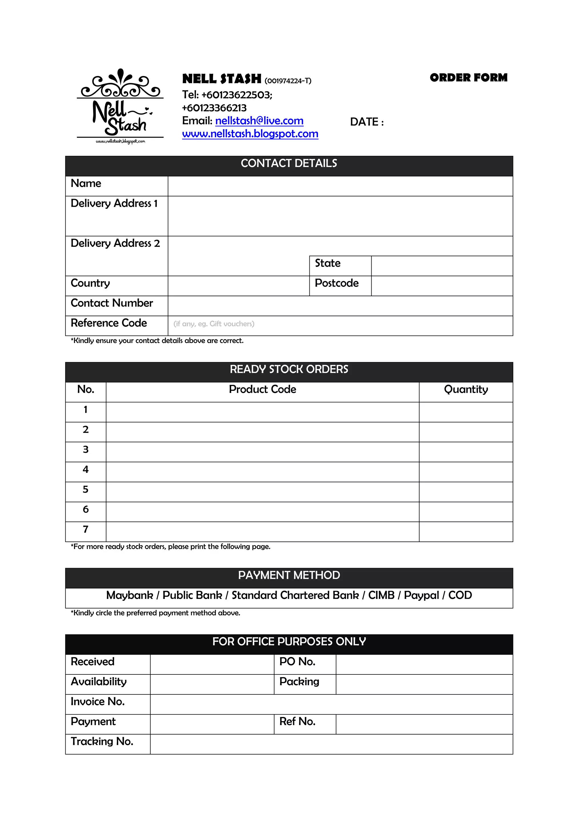 Nell Stash - Order Form (Ready Stock) | PDF