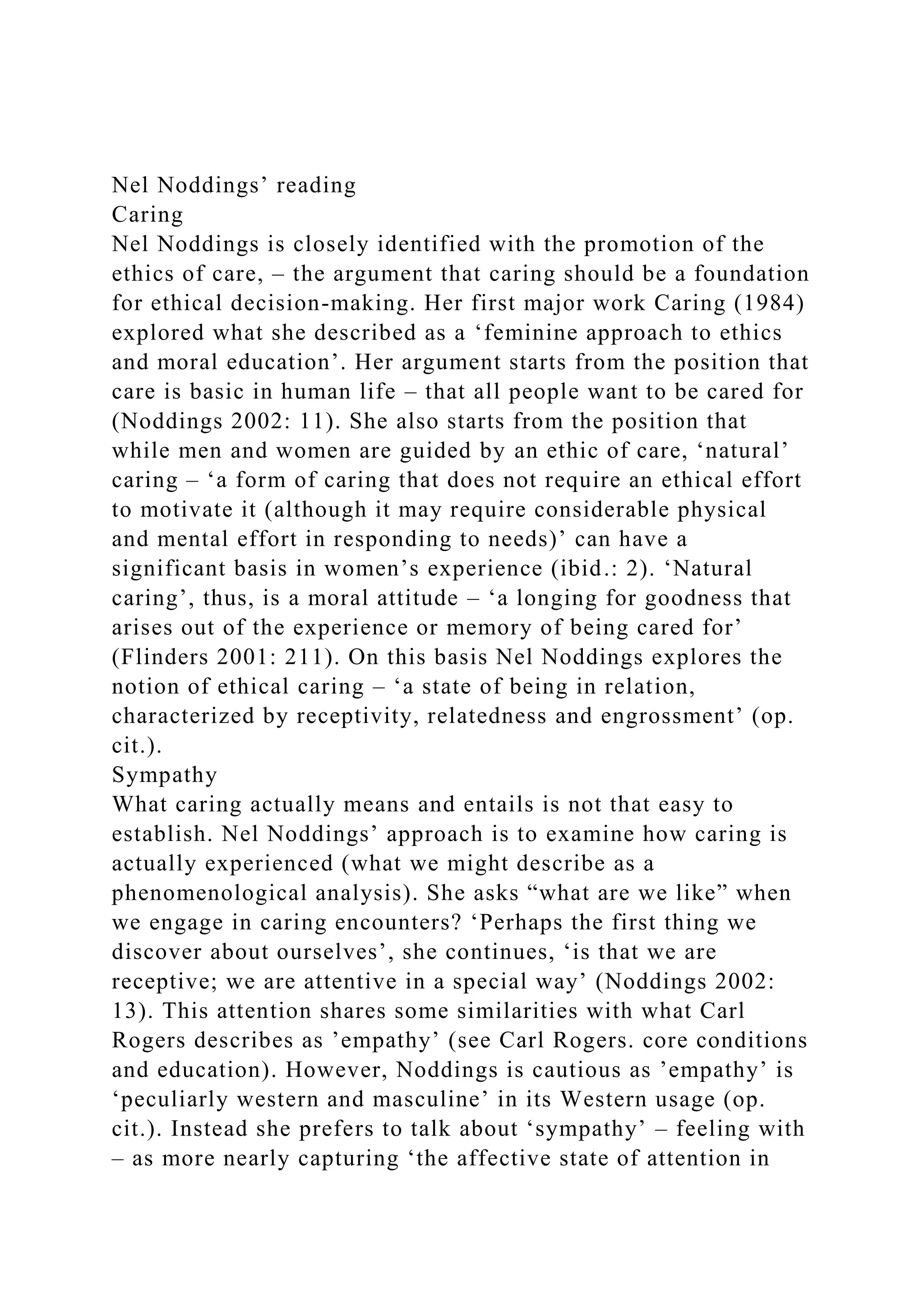 Nel Noddings’ reading CaringNel Noddings is closely identified.docx