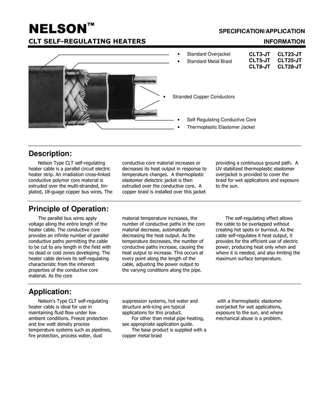 Nelson CLT5 Heat Tracing Cable - Spec Sheet | PDF