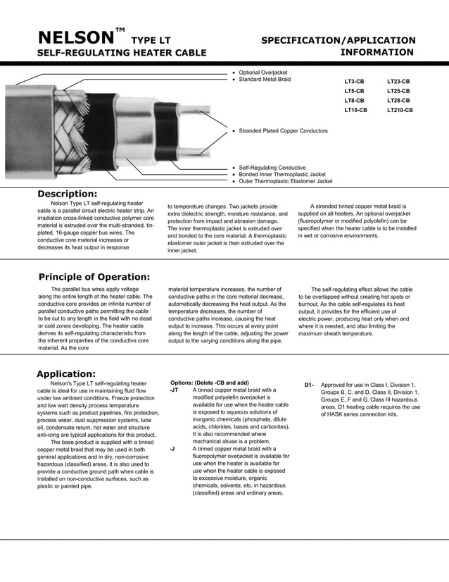 Nelson LT Heat Tracing Cable - Spec Sheet | PDF