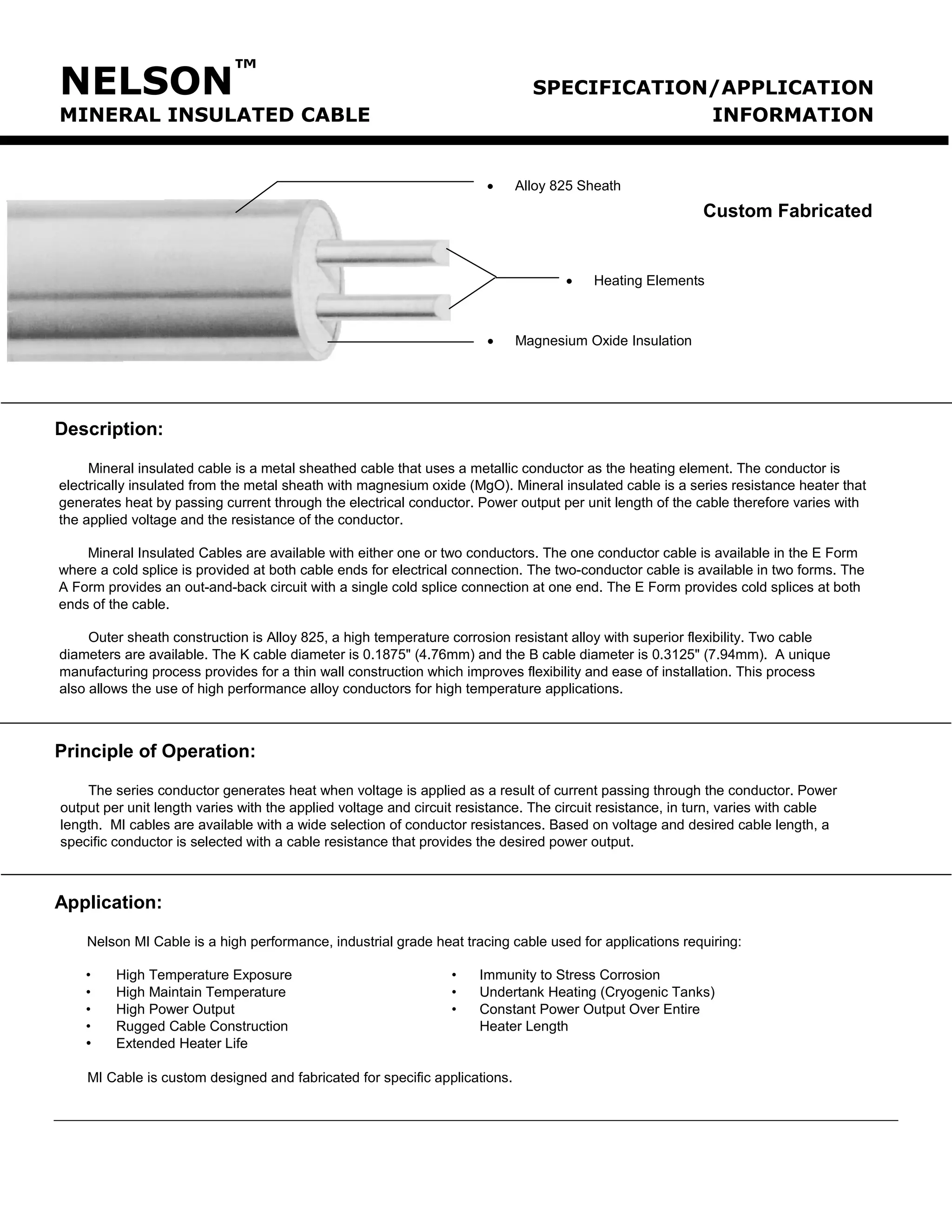 Nelson MI Heat Tracing Cable - Spec Sheet | PDF