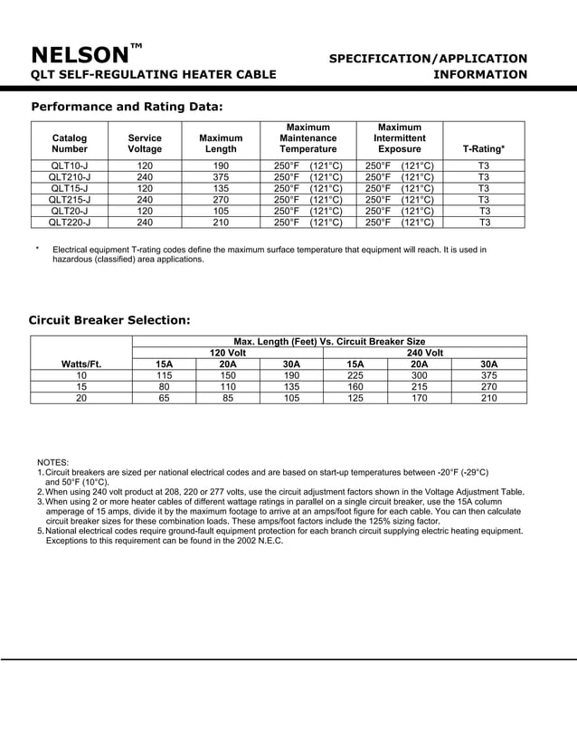 Nelson QLT Heat Tracing Cable - Spec Sheet | PDF | Home Appliances | Home & Garden
