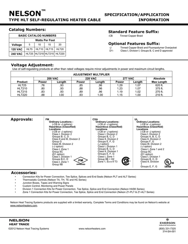 Nelson HLT25 Heat Tracing Cable - Spec Sheet | PDF