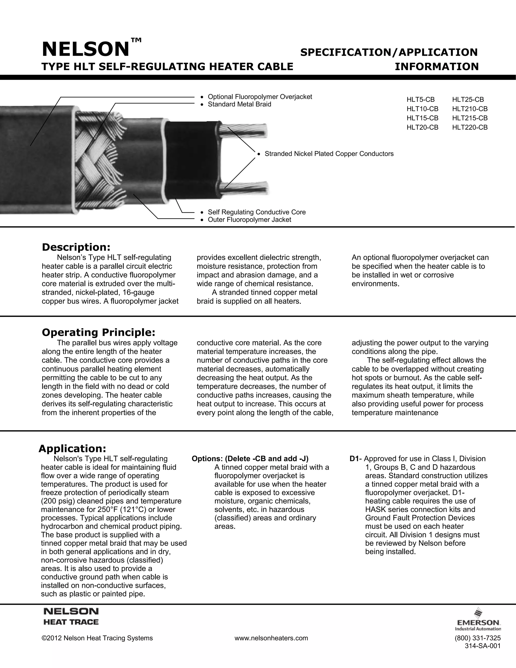 Nelson HLT5 Heat Tracing Cable - Spec Sheet | PDF