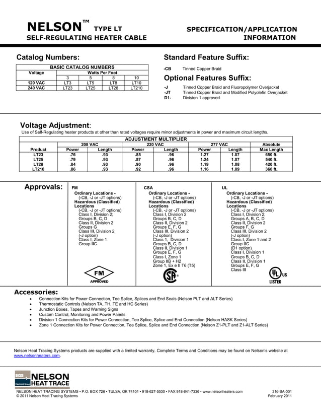 Nelson LT8 Heat Tracing Cable - Spec Sheet | PDF