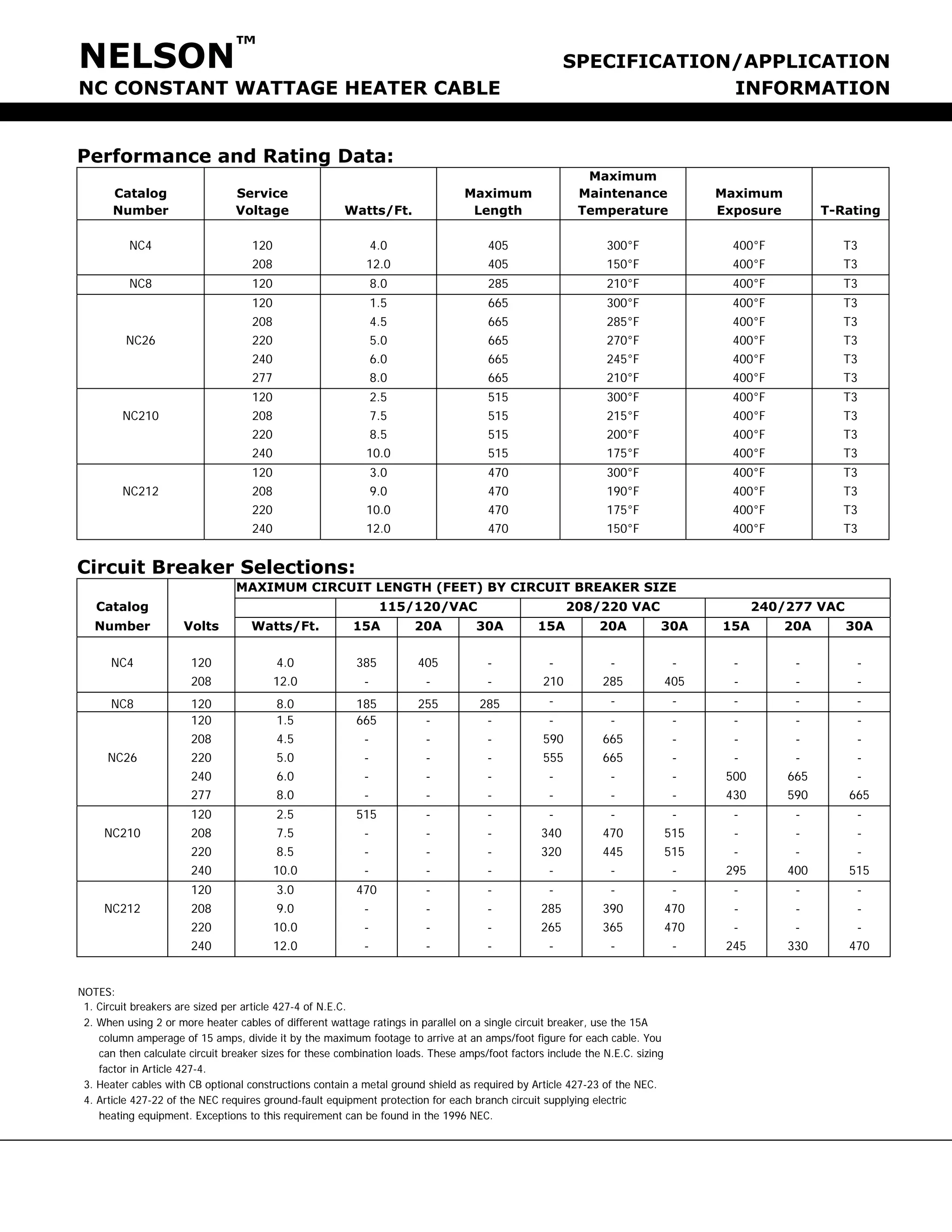 Nelson NC26 Heat Tracing Cable - Spec Sheet | PDF