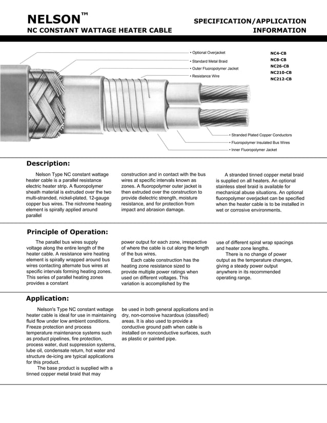 Nelson NC26 Heat Tracing Cable - Spec Sheet | PDF