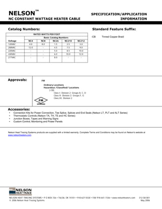 Nelson NC26 Heat Tracing Cable - Spec Sheet | PDF
