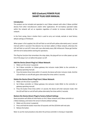 Neo coolcam - smart-plug user guide v2 - Zwave | PDF