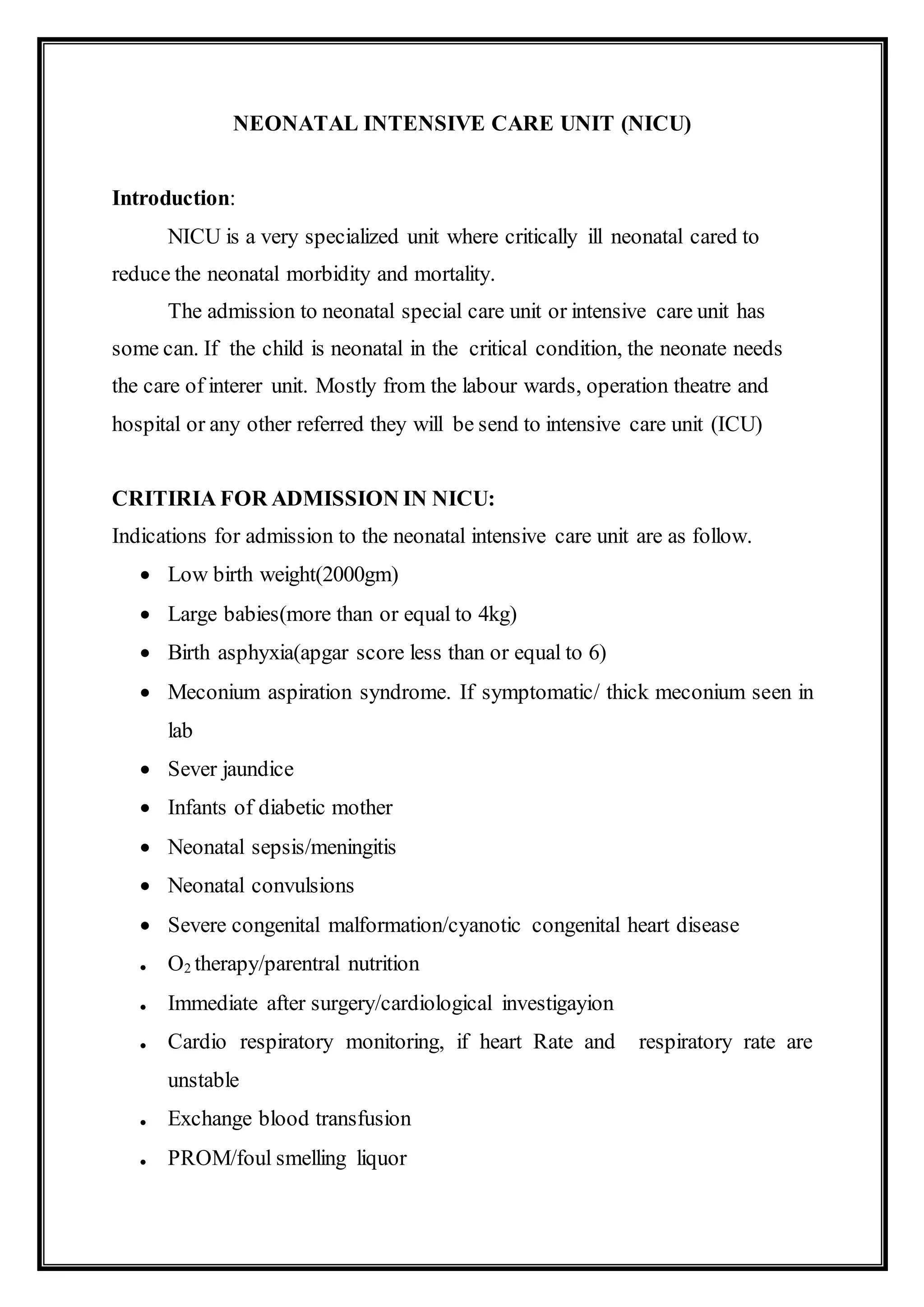 Neonatal intensive care unit nicu | DOCX