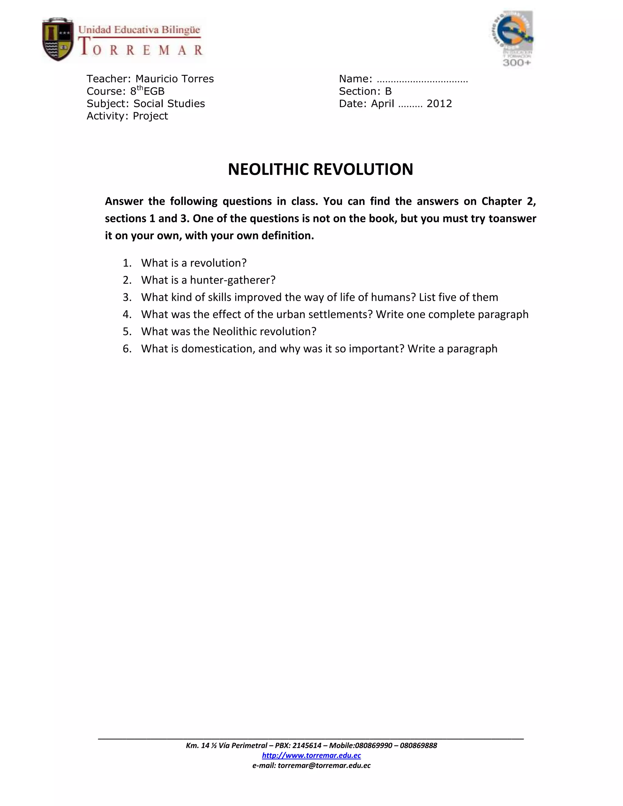 Neolithic Revolution Questions (only for 8B) | DOCX