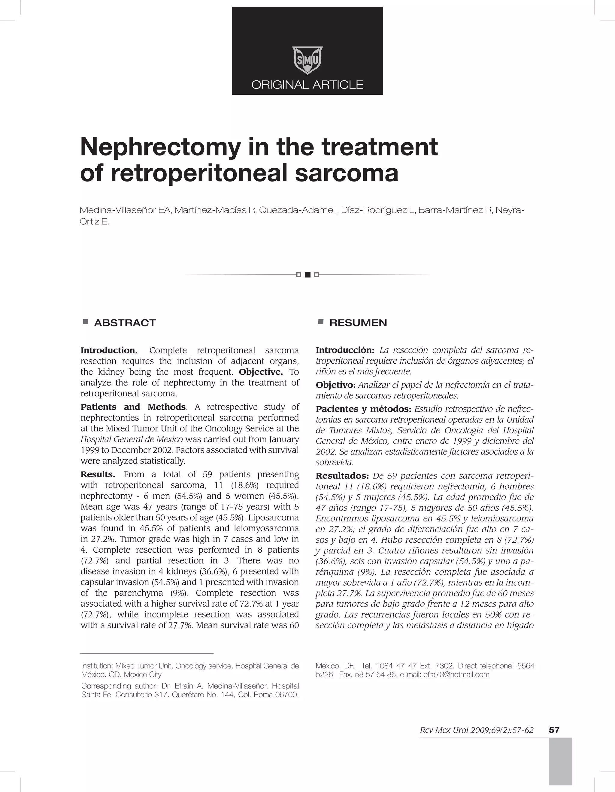Nephrectomy in the treatmen of retroperitoneal sarcoma | PDF