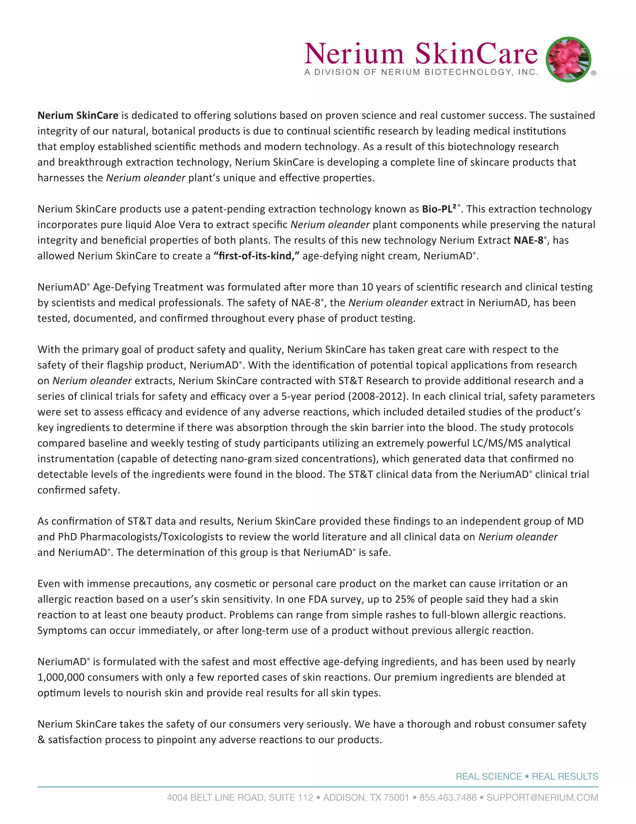 NeriumAD SkinCare Products | Science and Safety | PDF