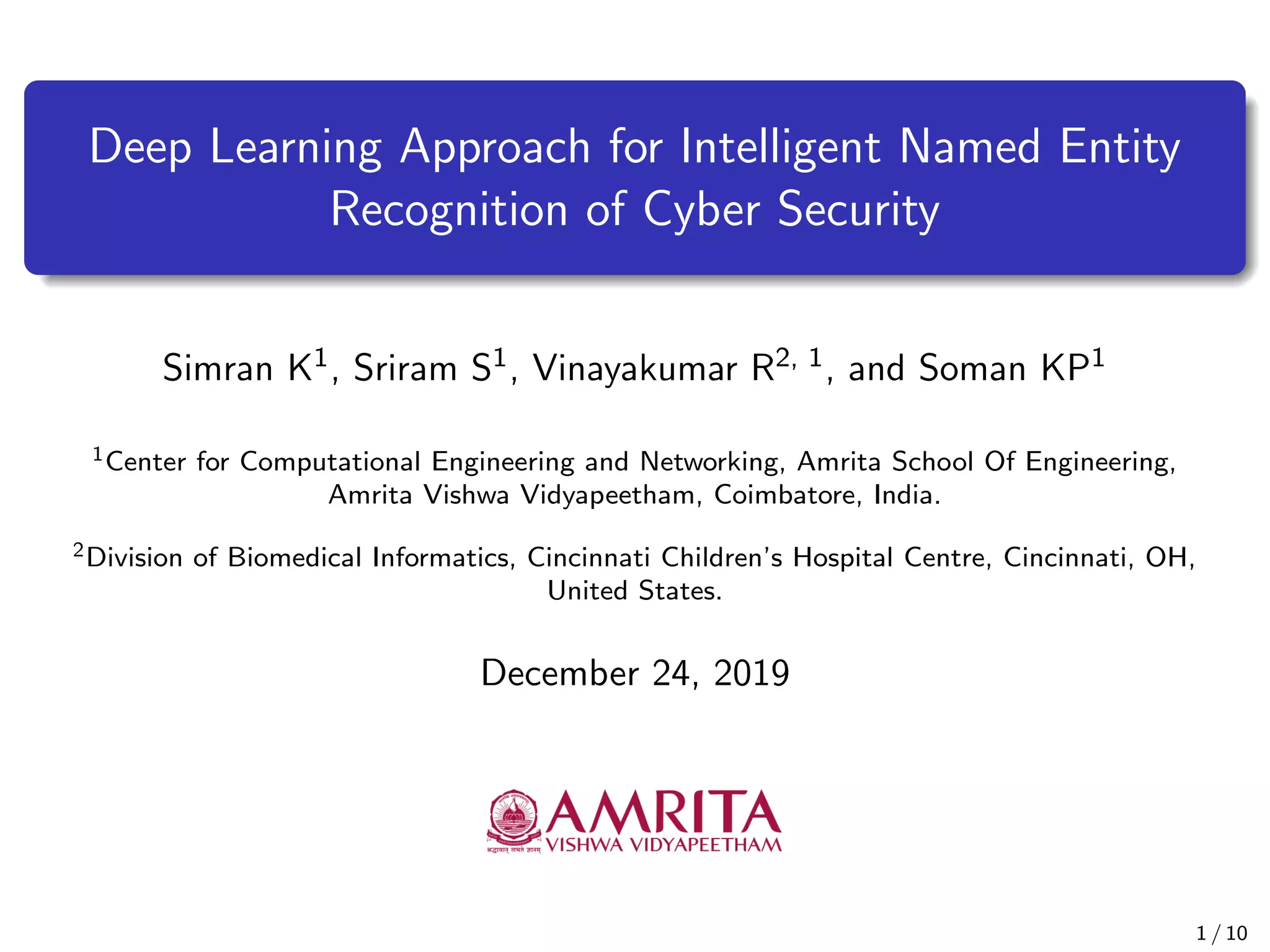 Deep Learning Approach For Intelligent Named Entity Recognition Of