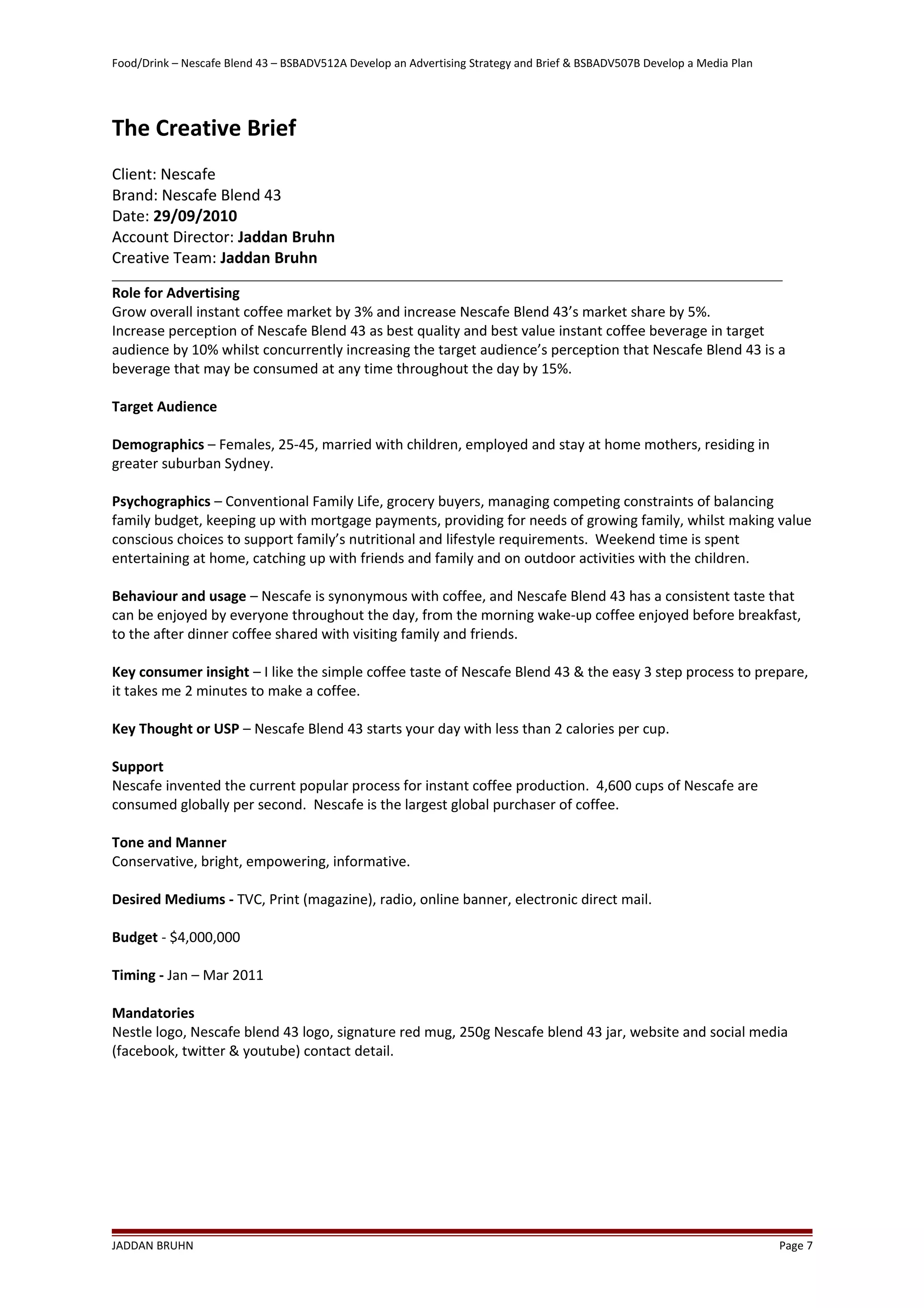 Nescafe Blend 43 - Advertising, Media & Creative Brief | DOC