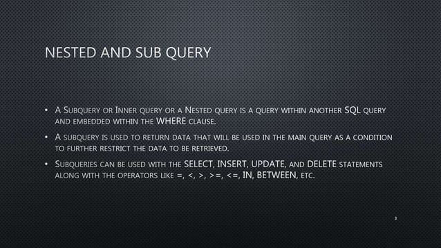 Nested And Sub Query Aggregate Functions And Clauses Ppt Ppt 1827