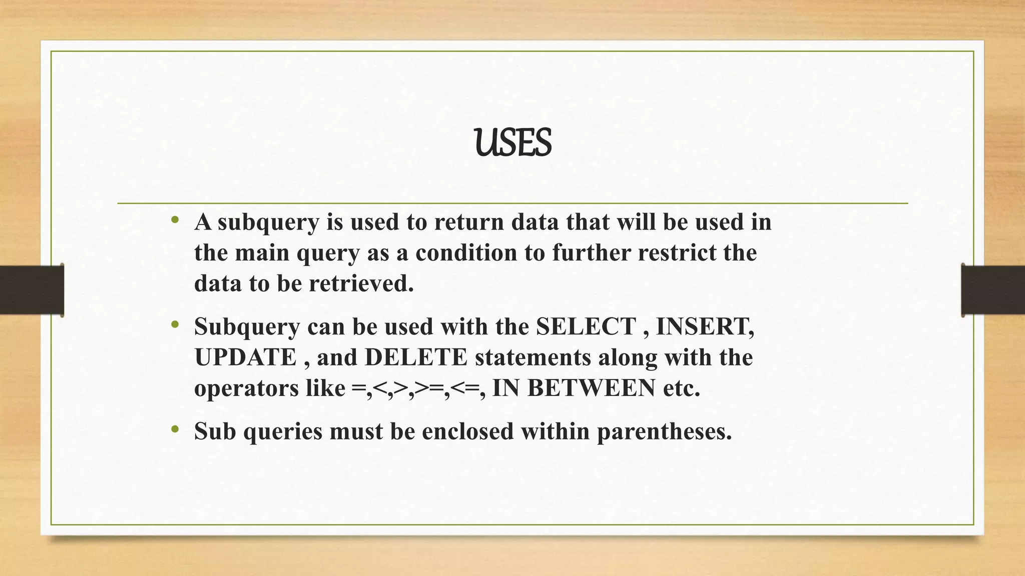 NESTED SUBQUERY.pptx | Databases | Computer Software and Applications