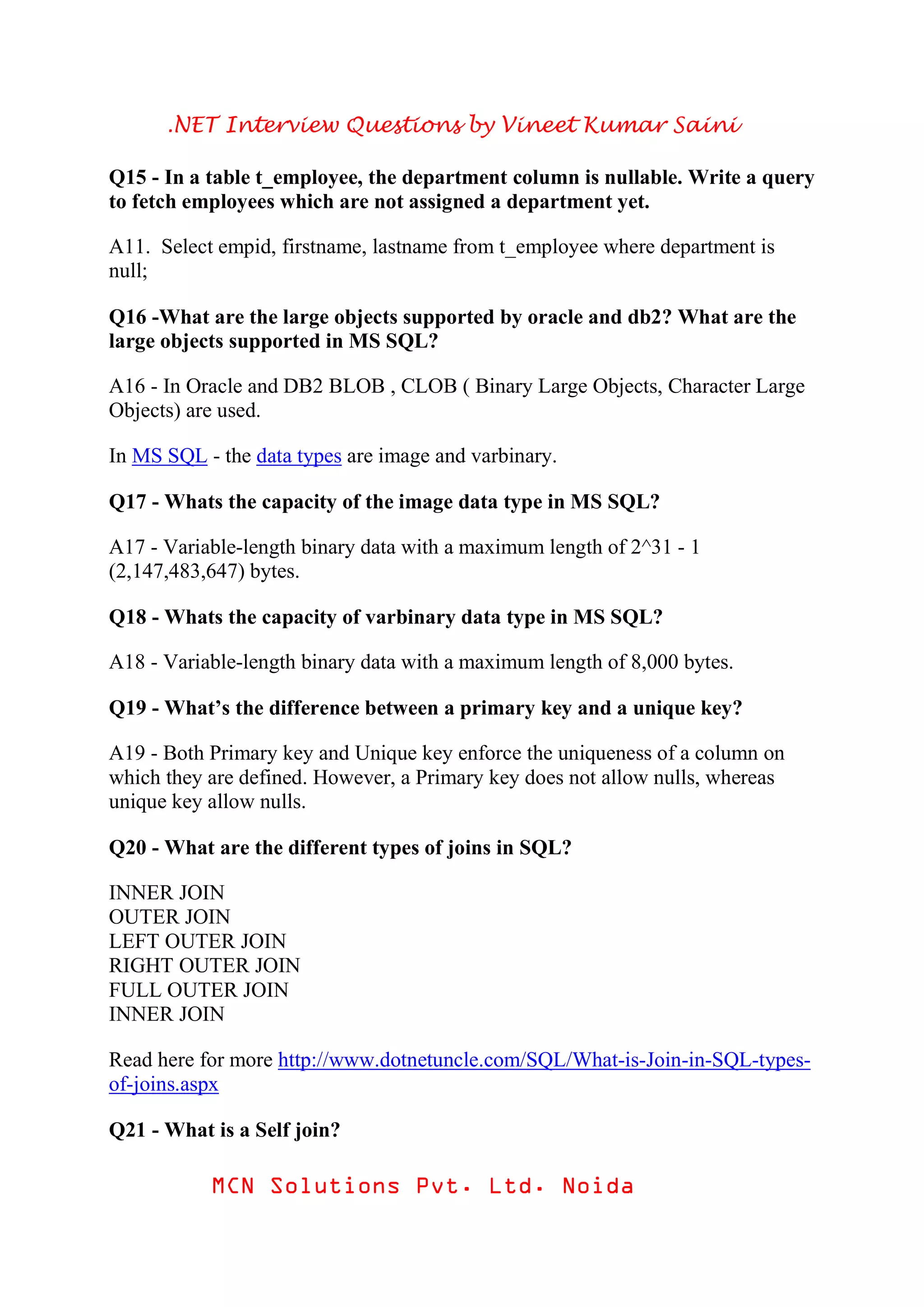 Top 100 .Net Interview Questions and Answer | PDF