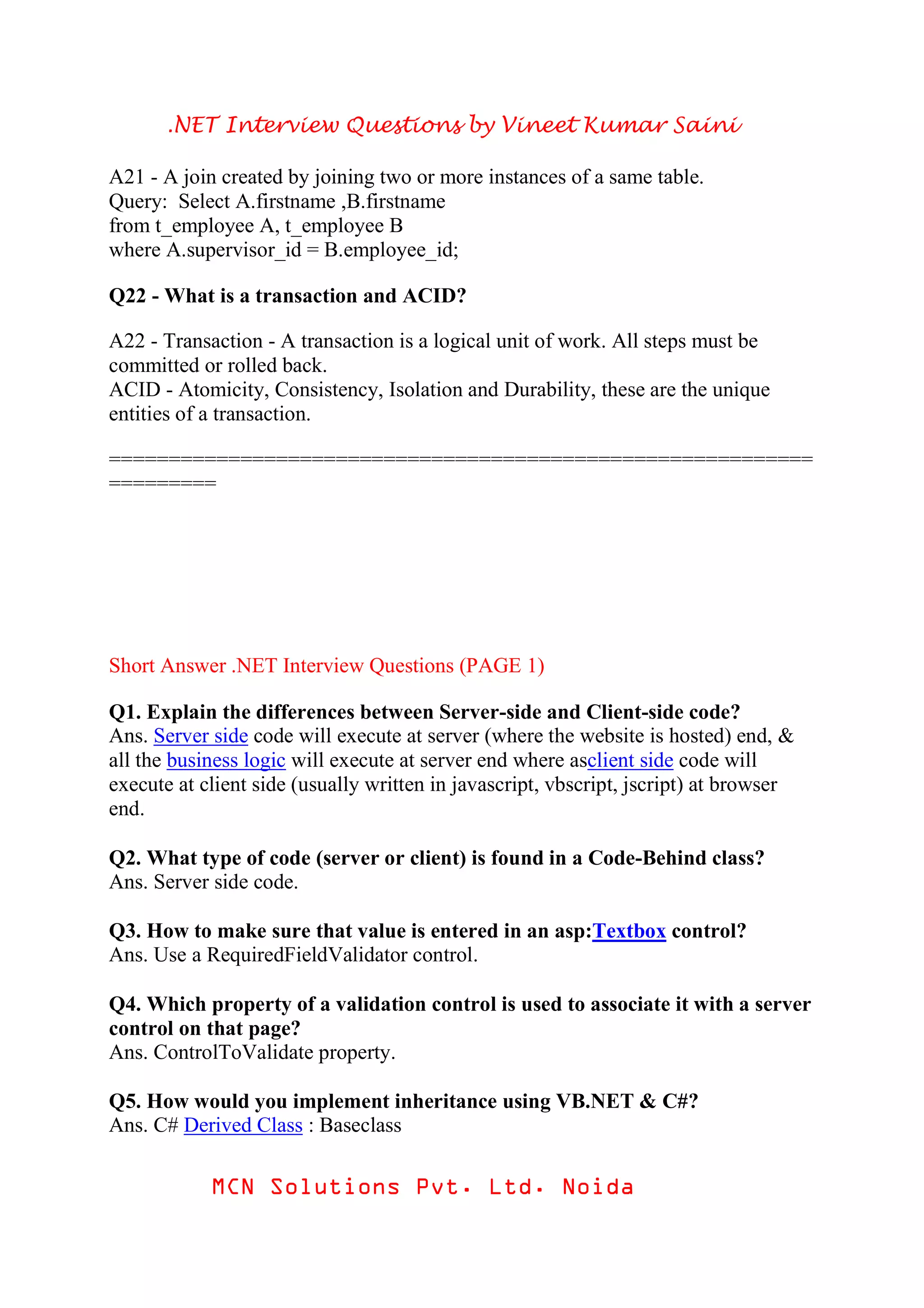 Top 100 .Net Interview Questions and Answer | PDF