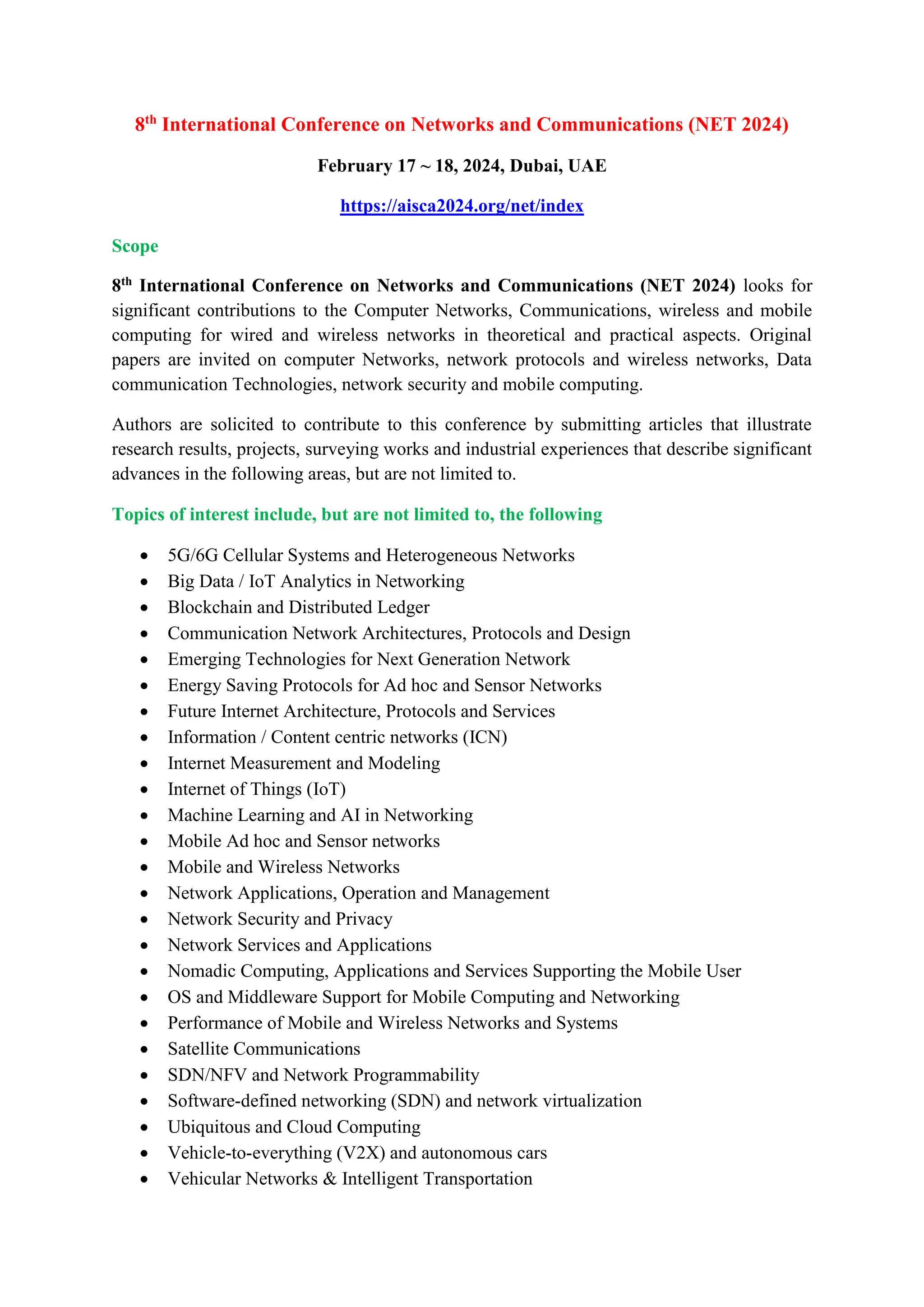 8th International Conference on Networks and Communications (NET 2024) | PDF