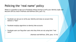 Facebook: 'Real name' policy & privacy | PPTX