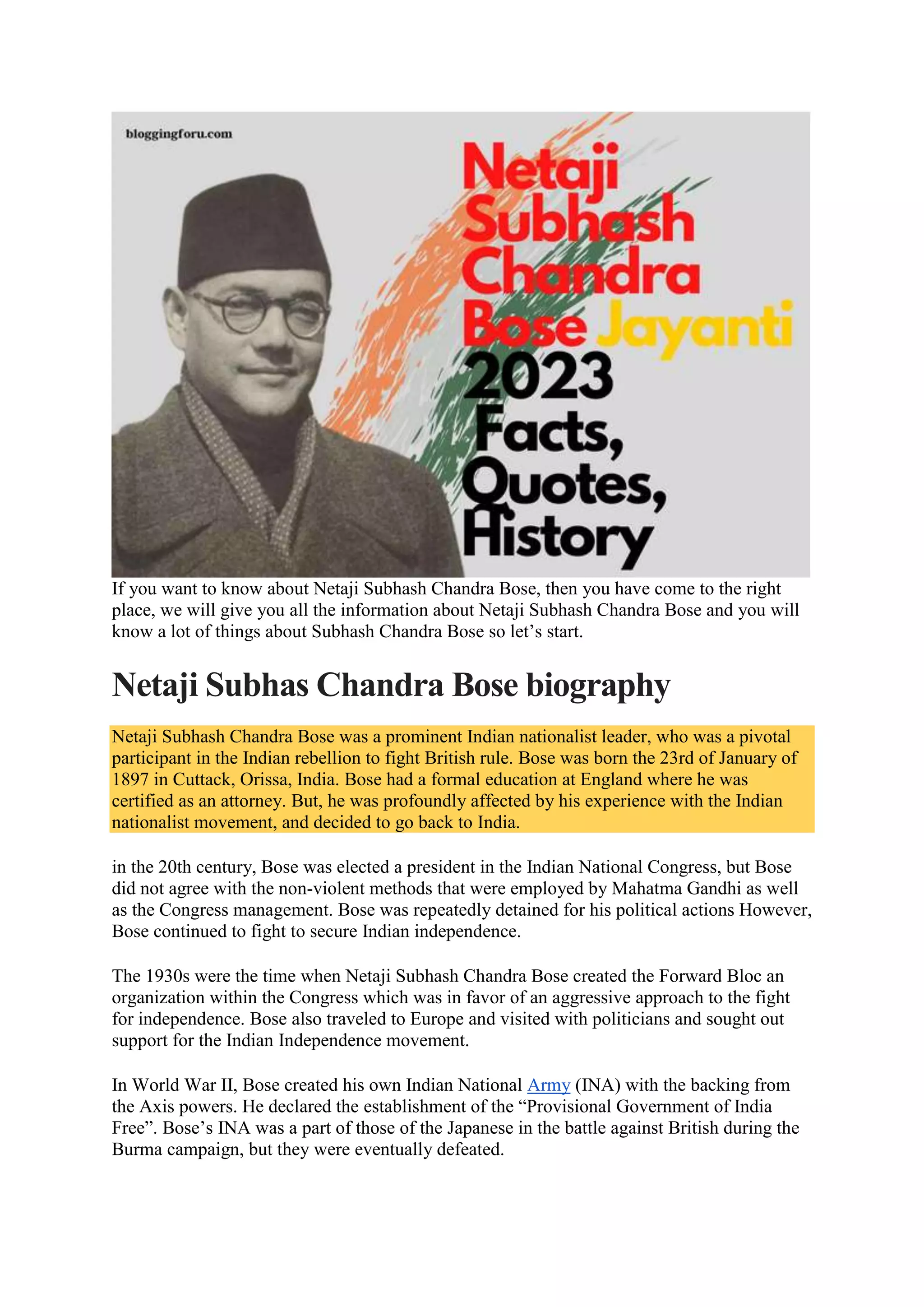 Netaji Subhash Chandra Bose Jayanti 2023 Facts, Quotes, History, Images ...