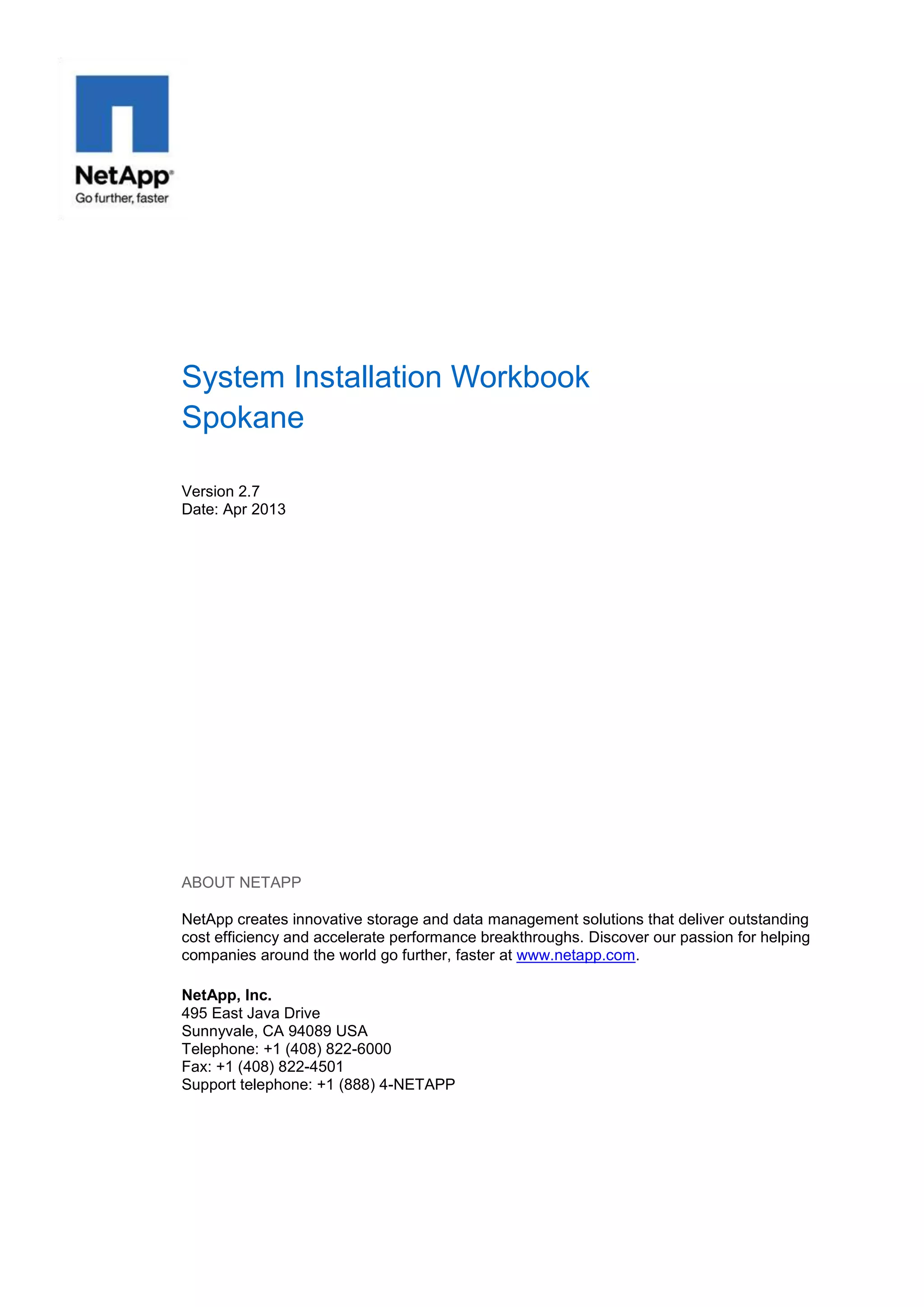 NetApp system installation workbook Spokane | PDF