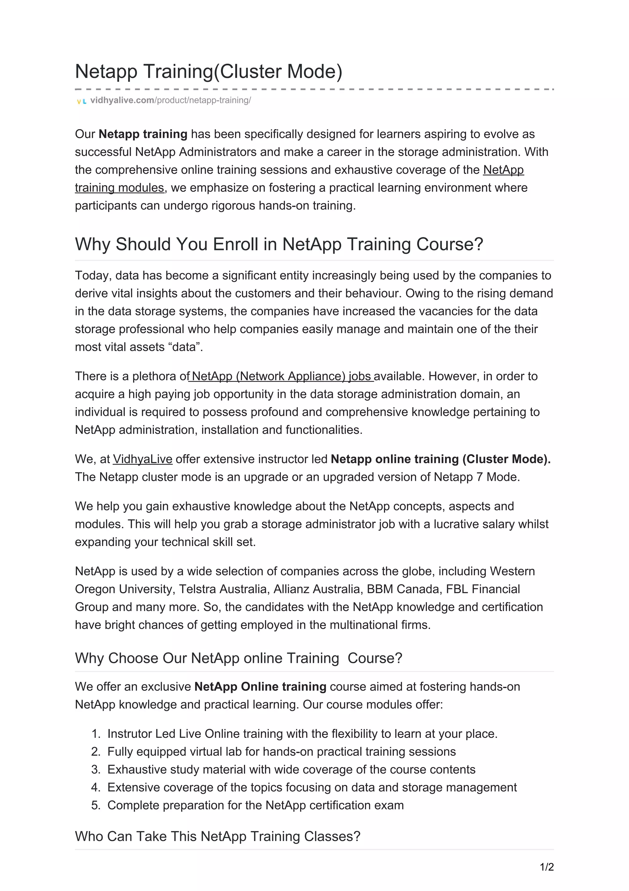 NetApp Cluster Mode Training, 100% Job Oriented Hands on Exp | PDF