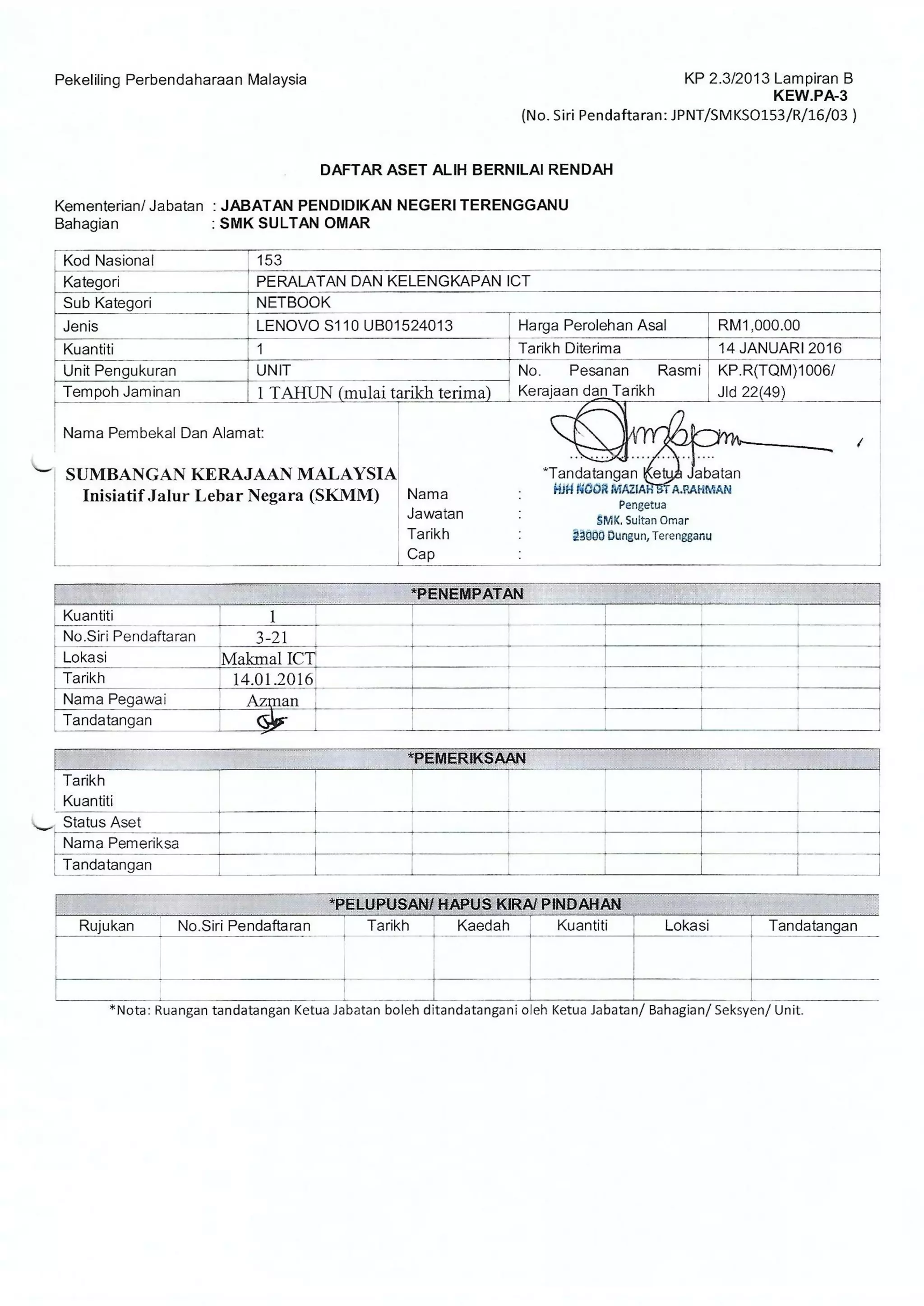 Harta Modal (KEW.PA-2) Peralatan ICT Netbook 1Msia SMKSO | PDF