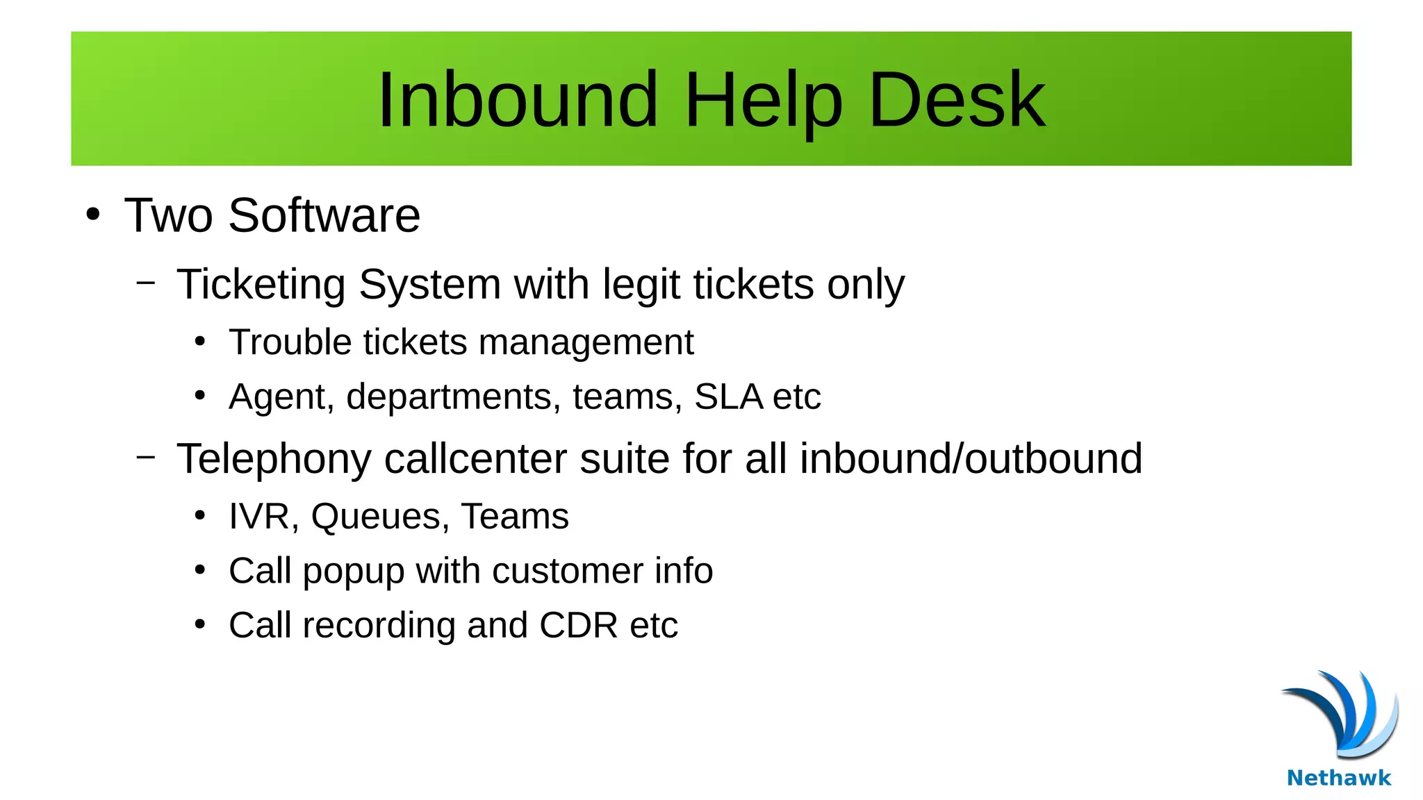 Nethawk inbound Call center with ticketing system helpdesk | PDF