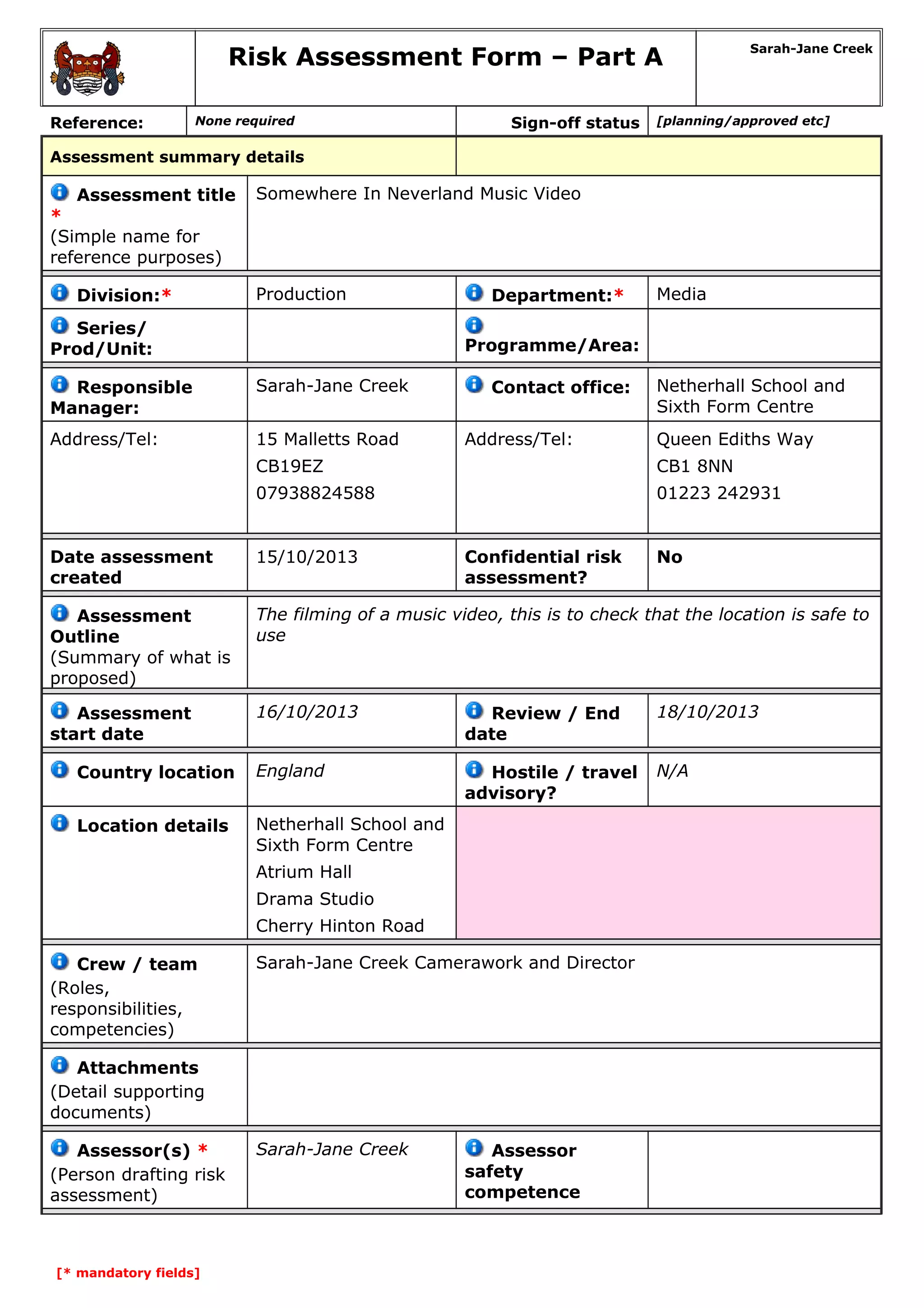 Sarah Netherhall risk-assessment-form (Draft 2) | DOC
