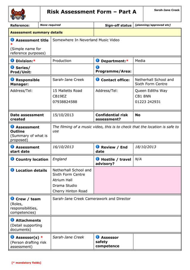 Sarah Netherhall risk-assessment-form (Draft 2) | PDF