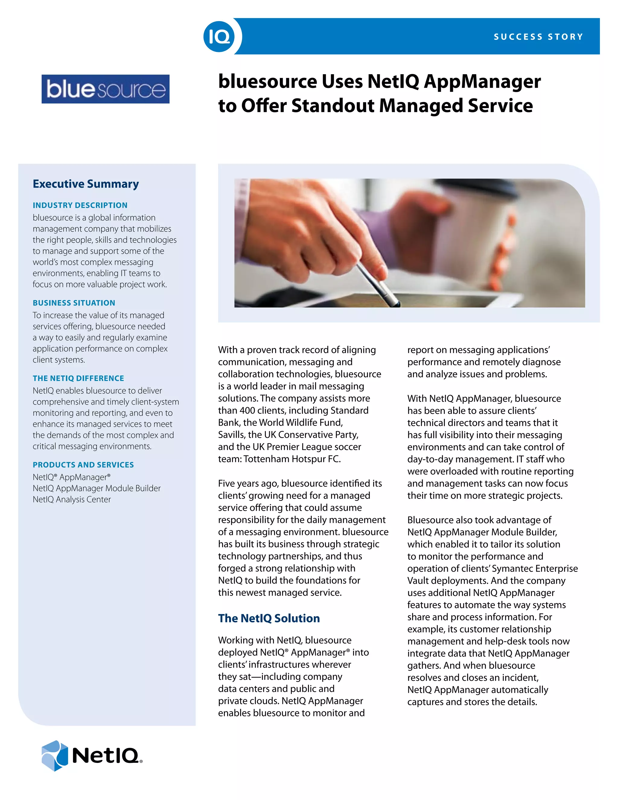 bluesource Uses NetIQ AppManager to Offer Standout Managed Service | PDF