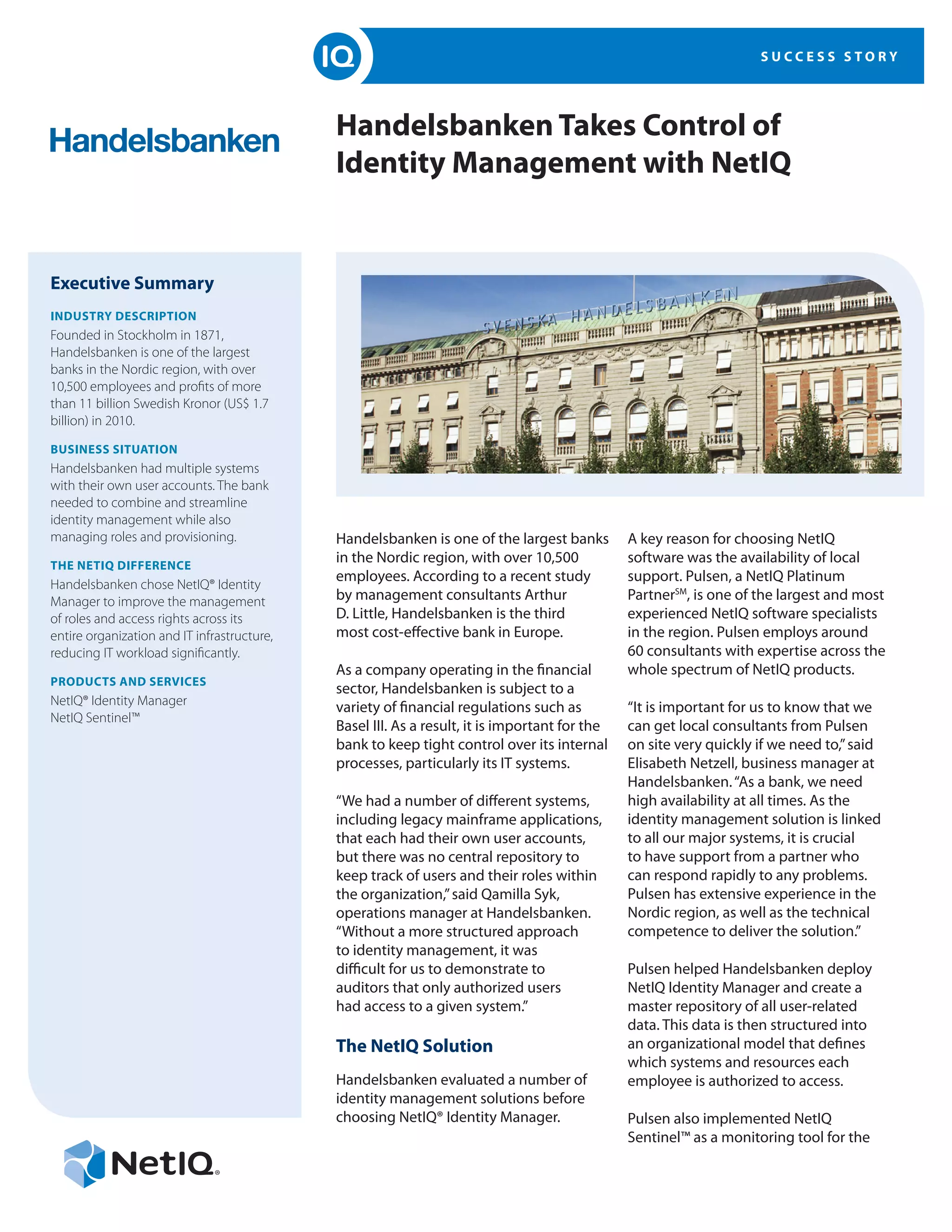 Handelsbanken Takes Control of Identity Management with NetIQ | PDF