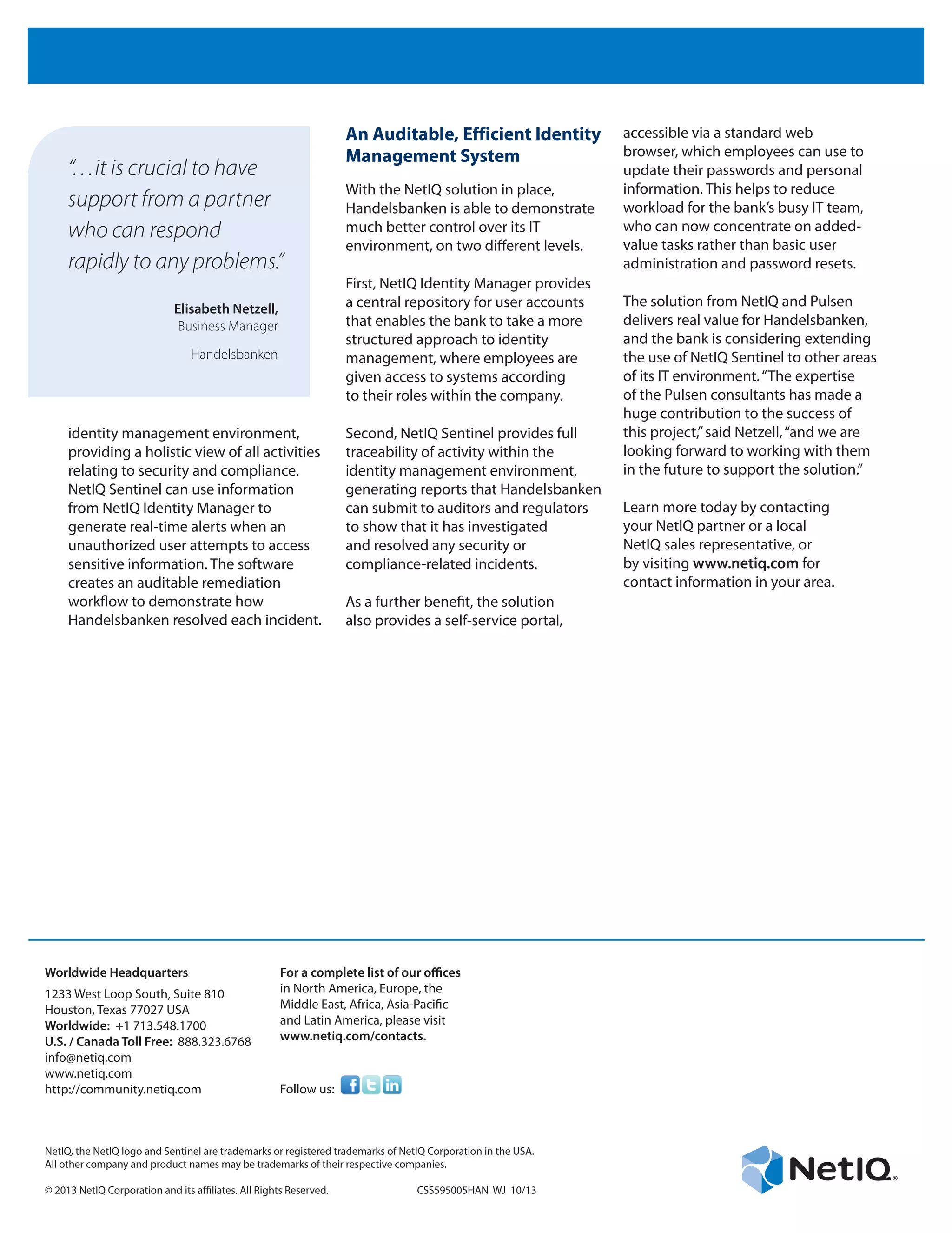 Handelsbanken Takes Control of Identity Management with NetIQ | PDF