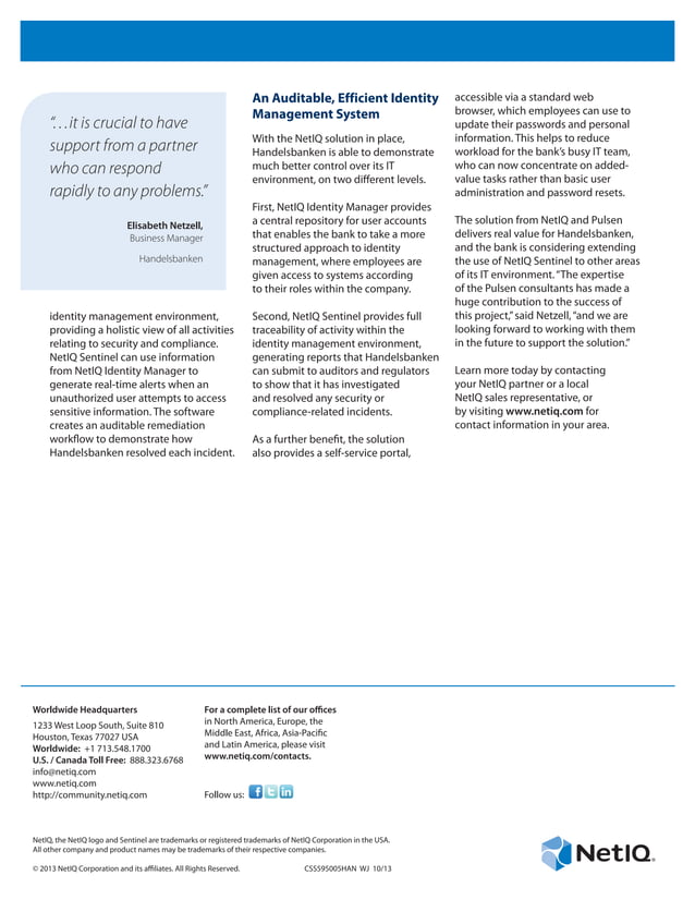 Handelsbanken Takes Control of Identity Management with NetIQ | PDF