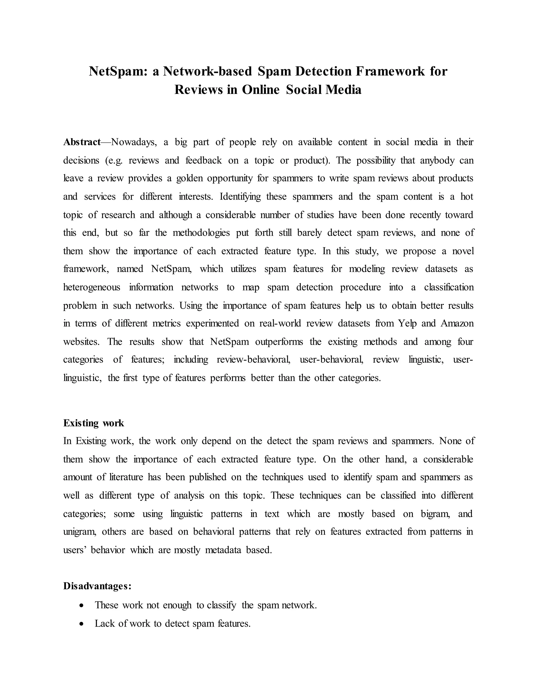 Net spam a network based spam detection framework for reviews in online ...
