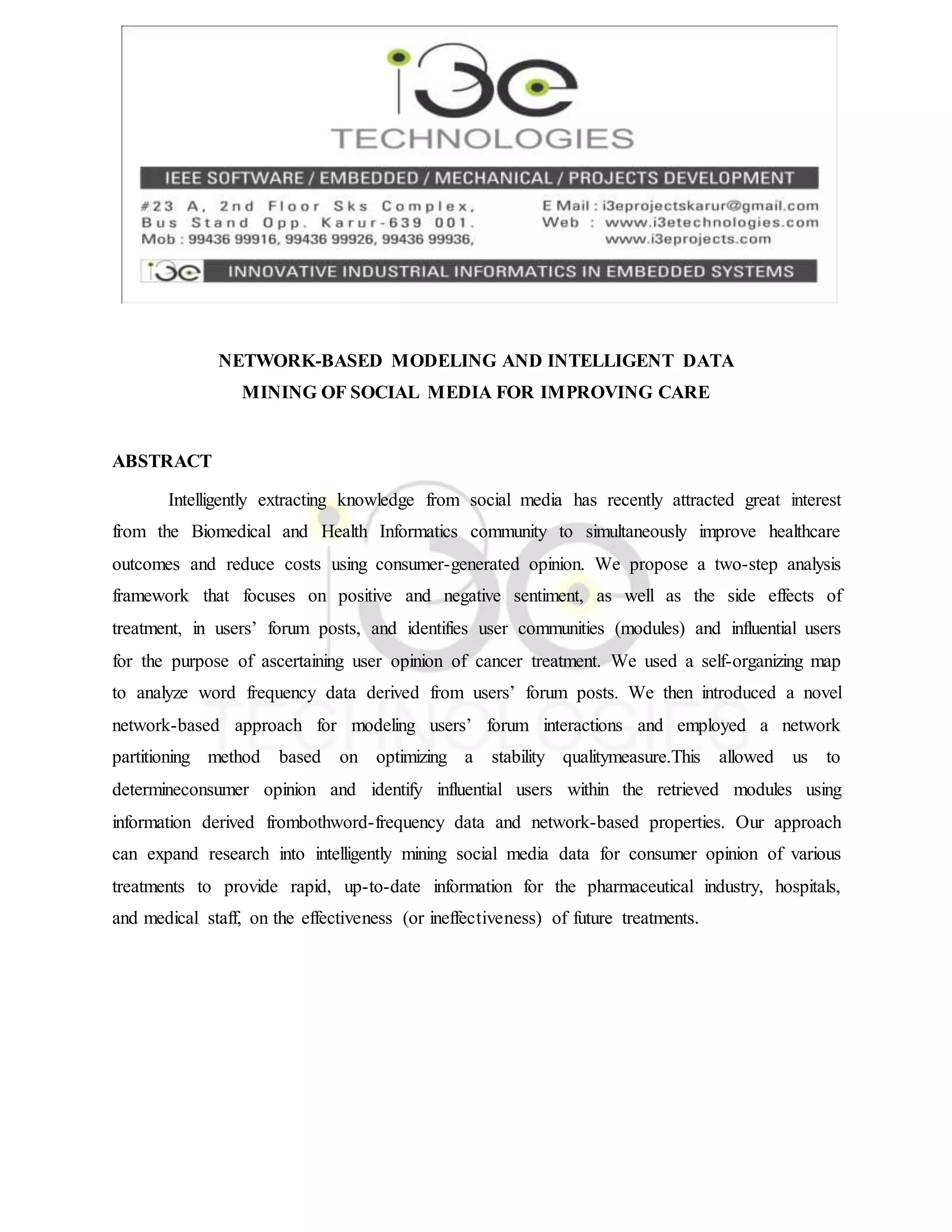 NETWORK-BASED MODELING AND INTELLIGENT DATA MINING OF SOCIAL MEDIA FOR IMPROVING CARE | DOCX ...