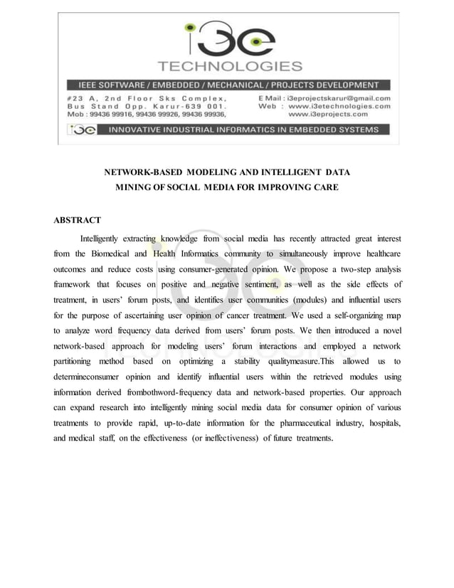 NETWORK-BASED MODELING AND INTELLIGENT DATA MINING OF SOCIAL MEDIA FOR IMPROVING CARE | DOCX ...