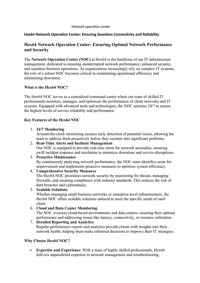 Hex64 Network Operation Center: Ensuring Seamless Connectivity and Reliability | PDF