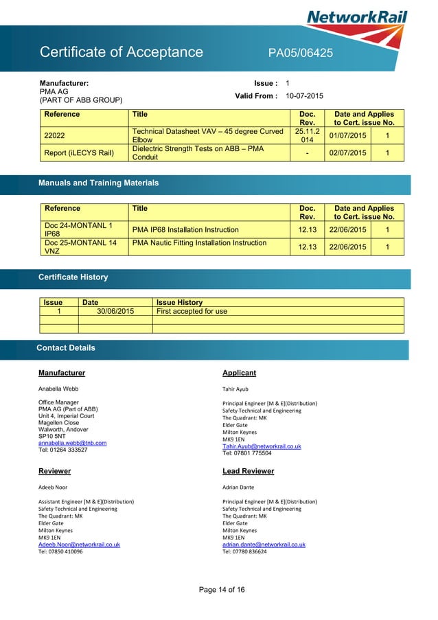 Network Rail Full Certificate - ABB Insulated Flexible Conduits Mating ...
