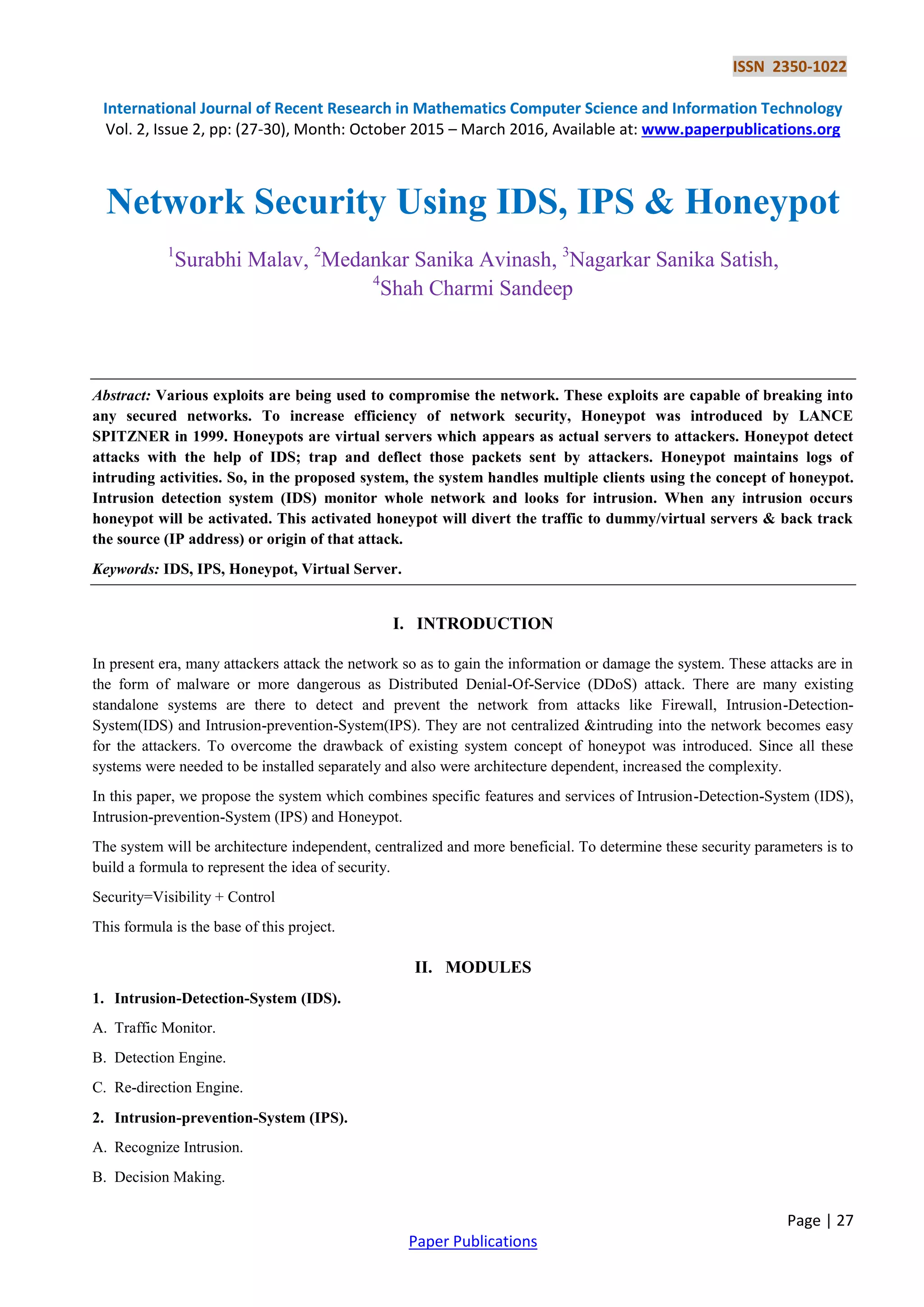 Network Security Using IDS, IPS & Honeypot | PDF